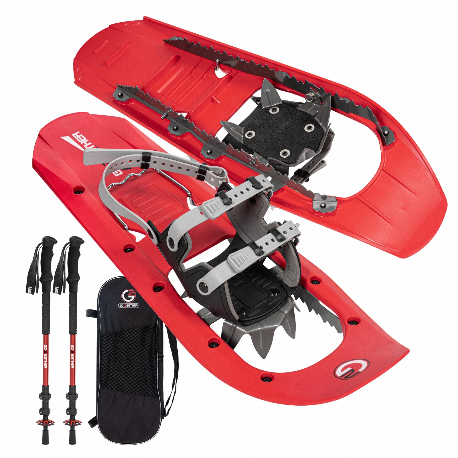 G2 25 Inch Mountain Terrain Snowshoes with Trekking Poles Set, Improved Extended Crampon, EVA Foam Padded, Flexible Pivot Bar, Tote Bag, Grey