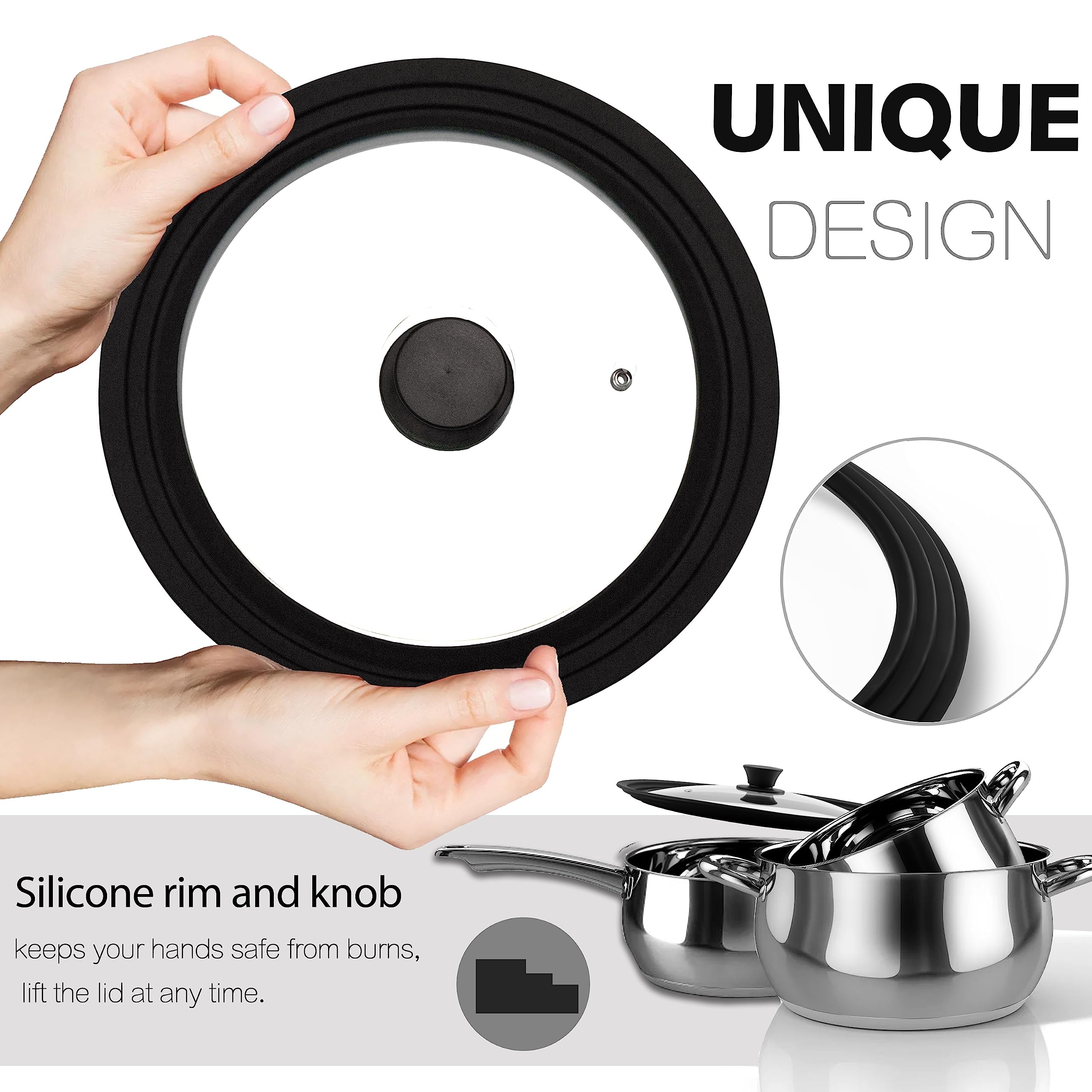 Lerykin Tempered Glass Lid - Universal Lid with Heat Resistant Silicone Rim for Pots, Pans and Skillets - Pan Cover Replacement Lid Fits 9.5", 10" and 11" Diameter Cookware