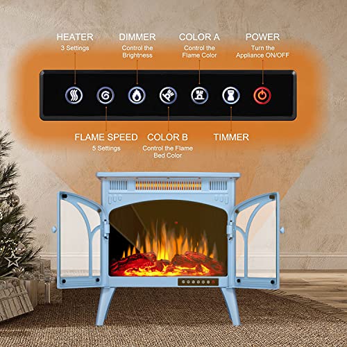 Electric Fireplace Stove Heater,Electric Fireplace, Fireplace Heater with 3D Logs and Realistic Flame,1500w,Blue