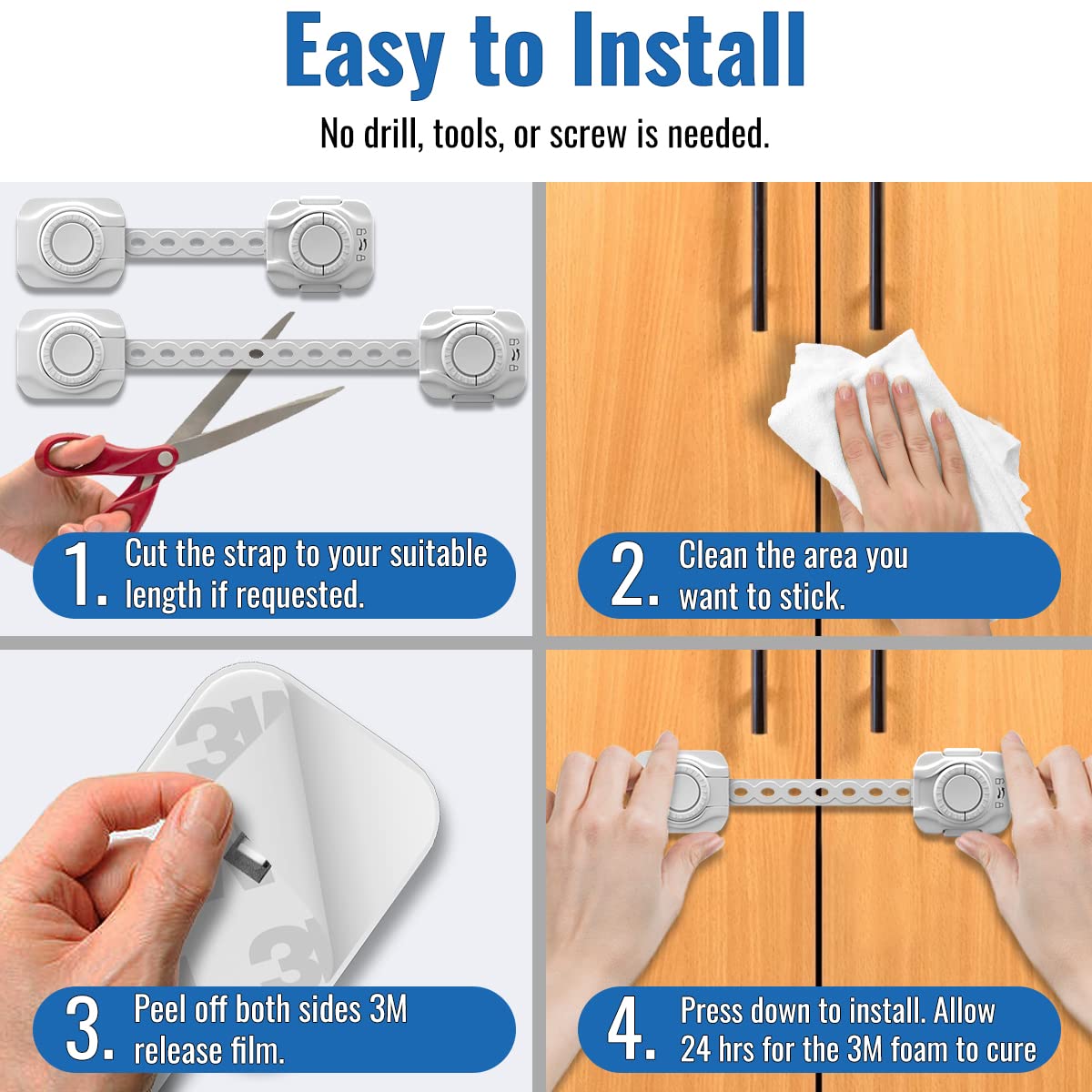 JOINPRO 6 Pack Safety Child Locks for Cabinets & Drawers, Fridge, Toilet, Latches, Baby Proofing Strap Locks with 6 Extra 3M Adhesives; Triple Lock Protection (Easy Installation, No Drilling Required)