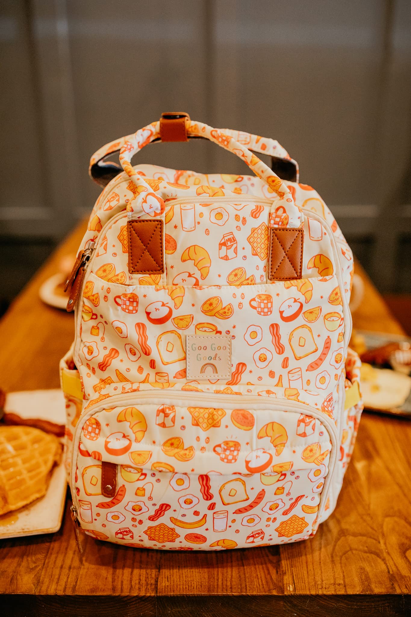 Goo Goo Goods Diaper Bag | Breakfast Design Diapering Bag | Travel Backpack for Parents | Multifunction Maternity Back Pack | Water Resistant | Large Capacity | Baby Changing Bag | Parent Helper Bag