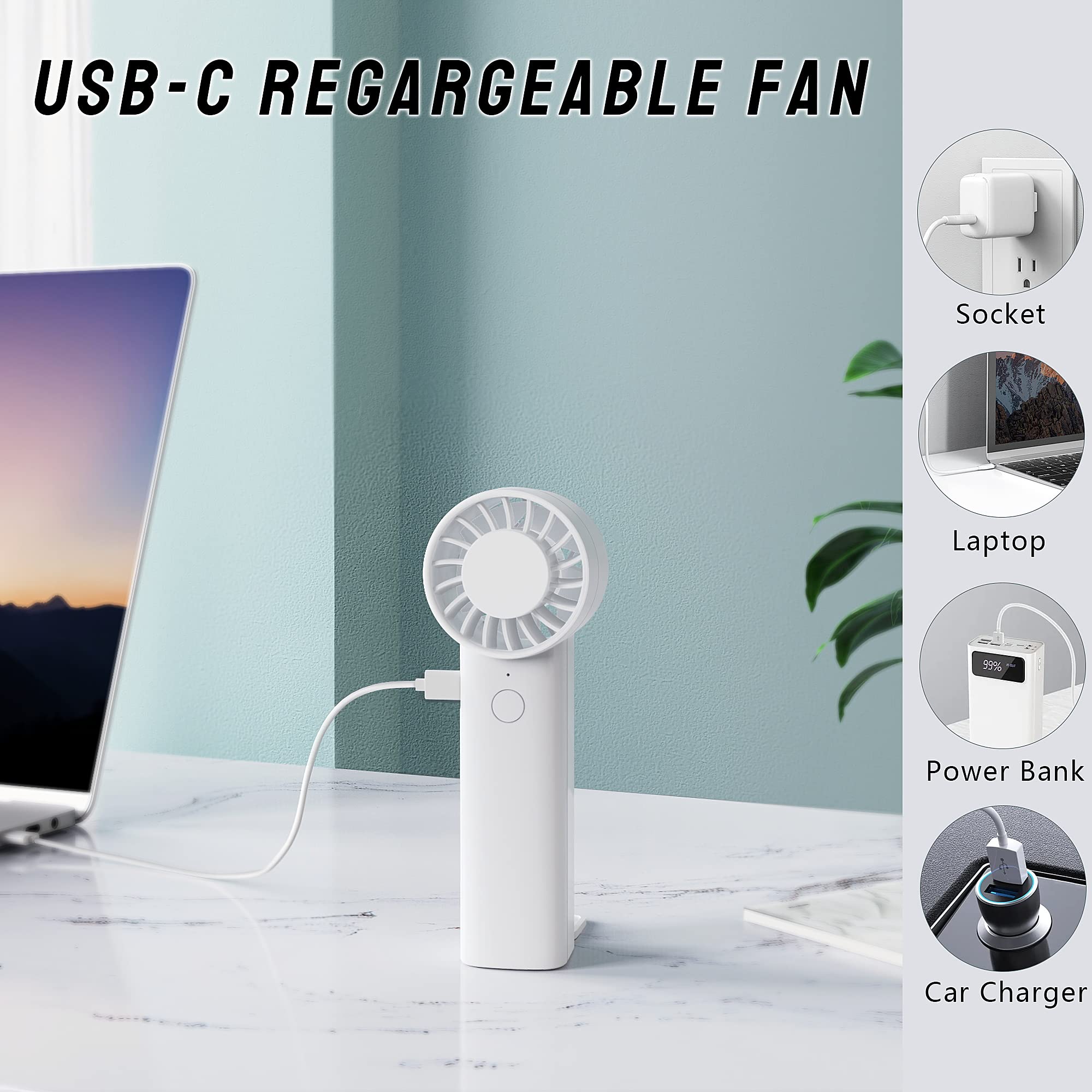 Fuwomim Portable Handheld Fan, White Personal Desk Fan Battery Operated USB Mini Fan Rechargeable Hand Fan with 3 Speed Mode for Lash Face Beauty Makeup (White)