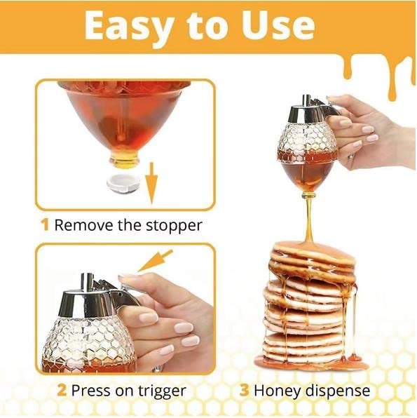 Honey Dispenser No Drip Glass - Maple Syrup Dispenser Glass - Beautiful Honey Comb Shaped Honey Pot - Honey Jar with Stand, Great Bee Decor