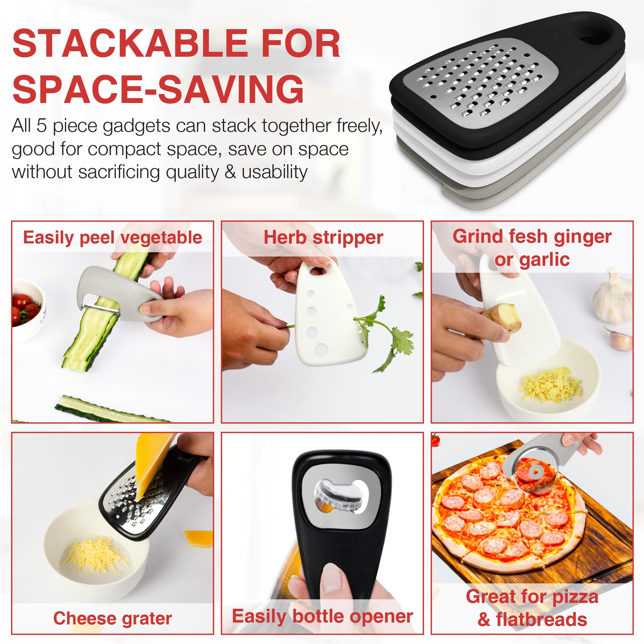 Kitchen Gadget, 6 Piece Set, Space Saving, Camper must haves, RV Accessories, Cheese Grater, Bottle Opener, Fruit/Vegetable Peeler, Pizza Cutter, Garlic/Ginger Grinder,Herb Stripper, (Blk/Gray/White)