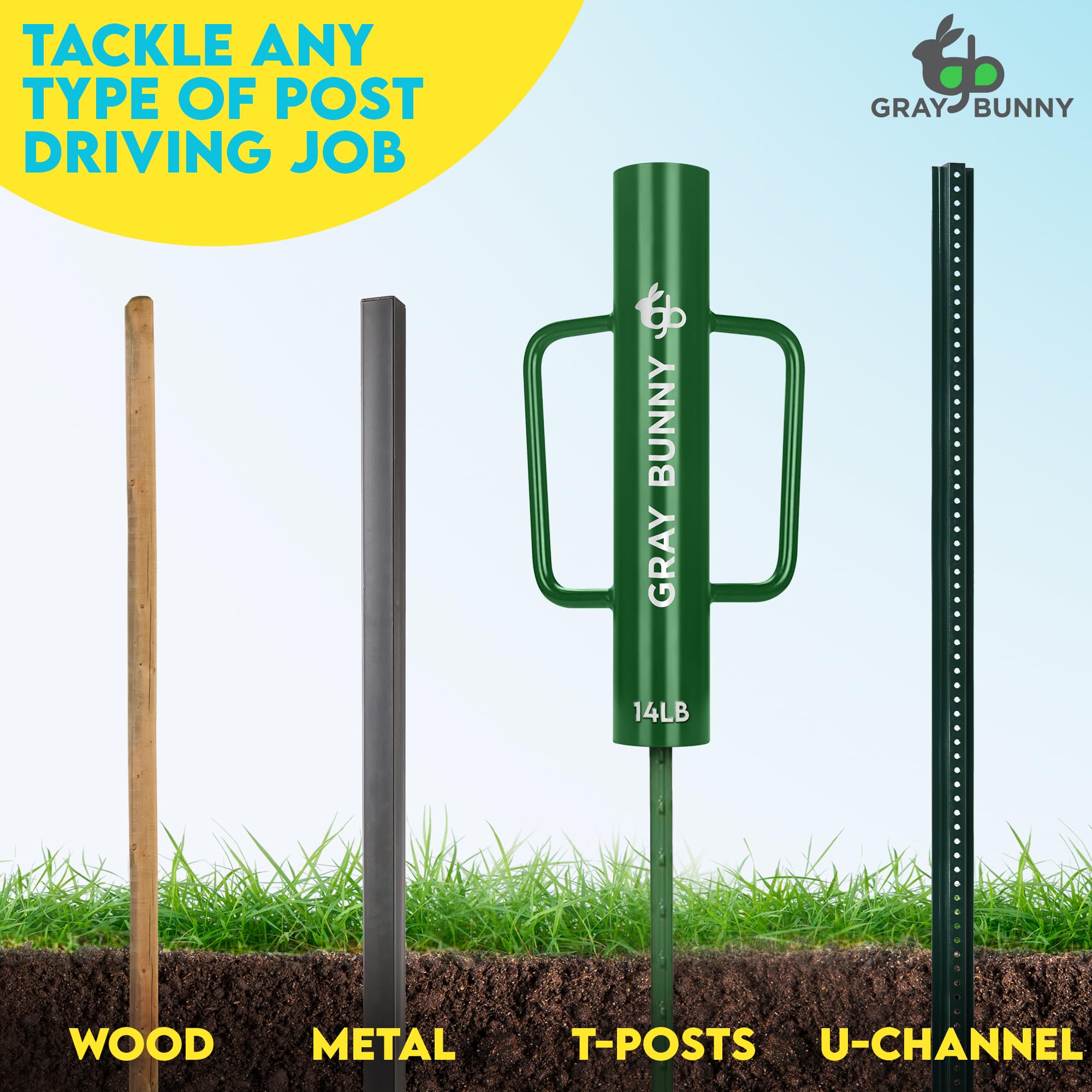 Gray Bunny T Post Driver with Handles, 14LB Heavy Duty Fence Post Driver, Post Pounder for T-Posts, U Channel, Wood, Metal Fence Posts and Signs - Rust Resistant Cast Iron