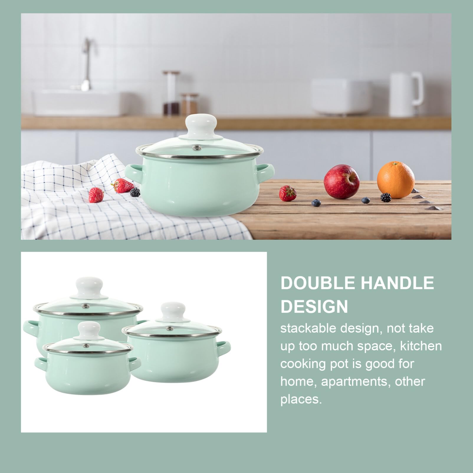 Luxshiny Enamel Stock Pot Set Enamelware Cooking Pot 3pcs Binaural Soup Pot Flat Bottom Pots with Lids Nonstick Gas Stove Cookware for Home Kitchen Restaurant Blue