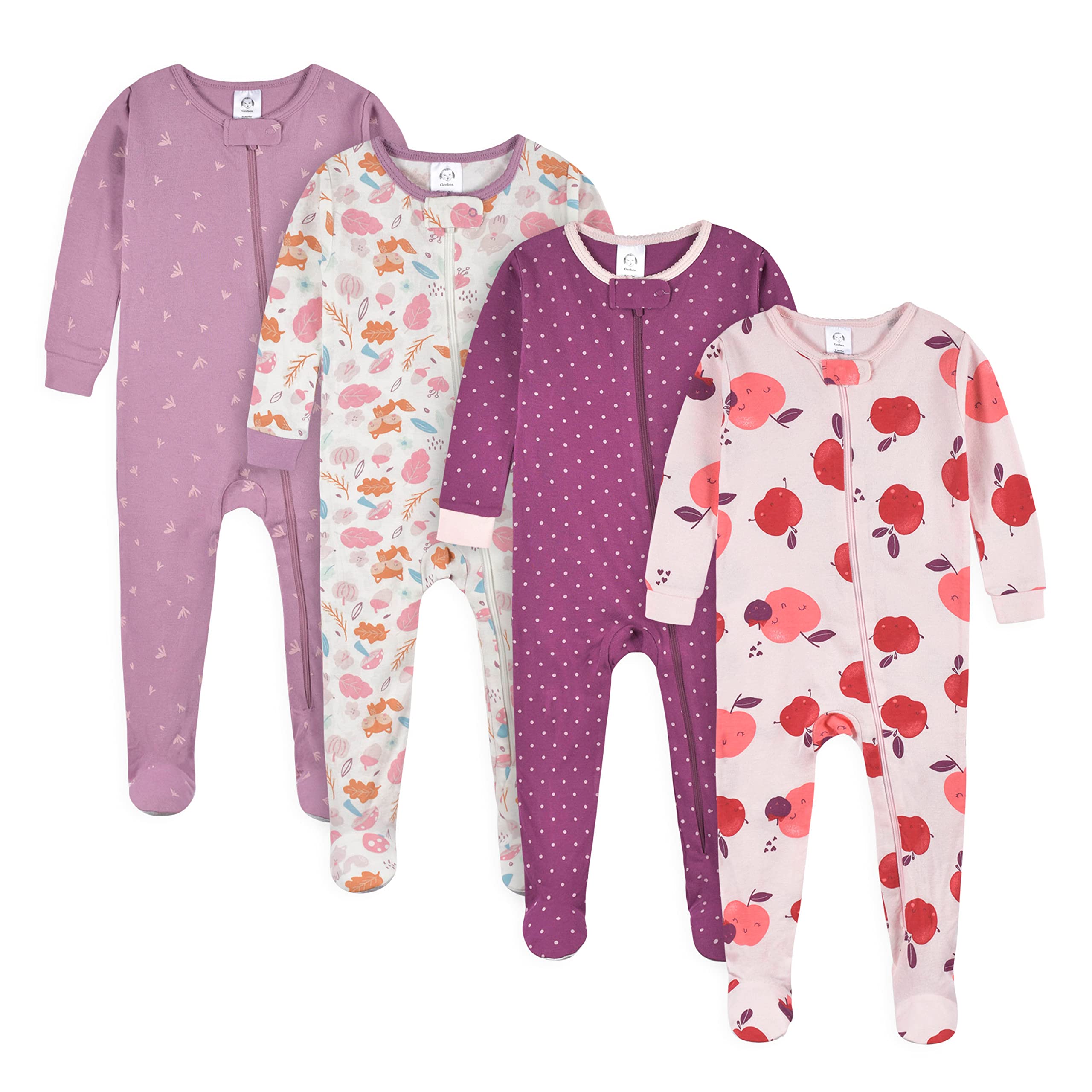 Gerber Baby Girl's 4-Pack Footed Pajamas, Apple and Woodland Floral, 2T