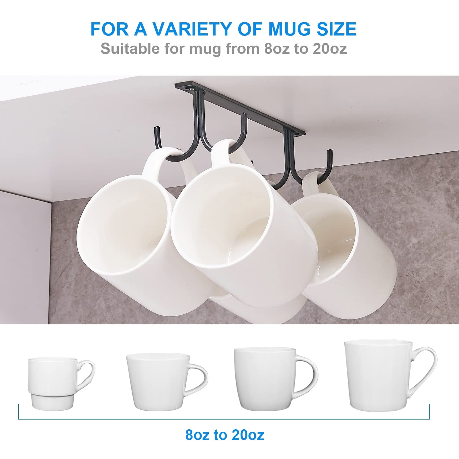 FOMANSH Mug Rack Under Cabinet - Coffee Cup Holder, 12 Mugs Hooks Under Shelf, Display Hanging Cups Drying Hook for Bar Kitchen Utensils Black