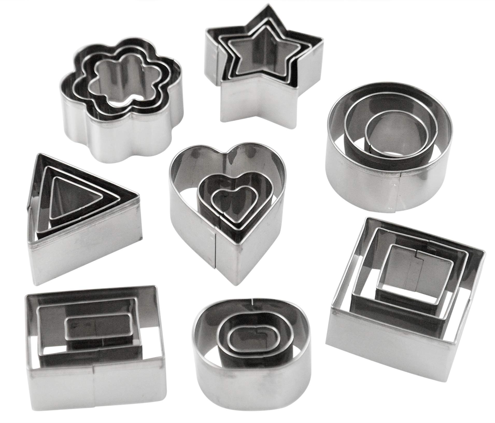 HOME-X Stainless-Steel Cookie Cutter Set, Rectangle, Square, Triangle, Heart, Circle, Star, Flower, and Oval Shapes, Set of 24, Assorted Sizes, Silver