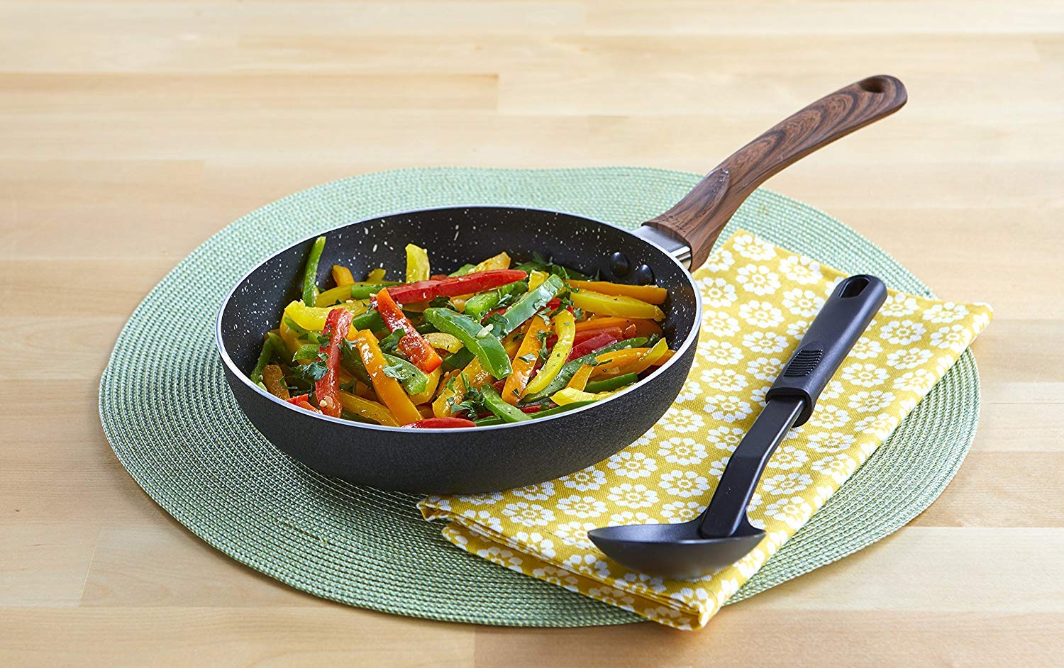 IMUSA USA 9.5" Black Stone Nonstick Fry Pan with Woodlook Handle and Speckled Nonstick Interior