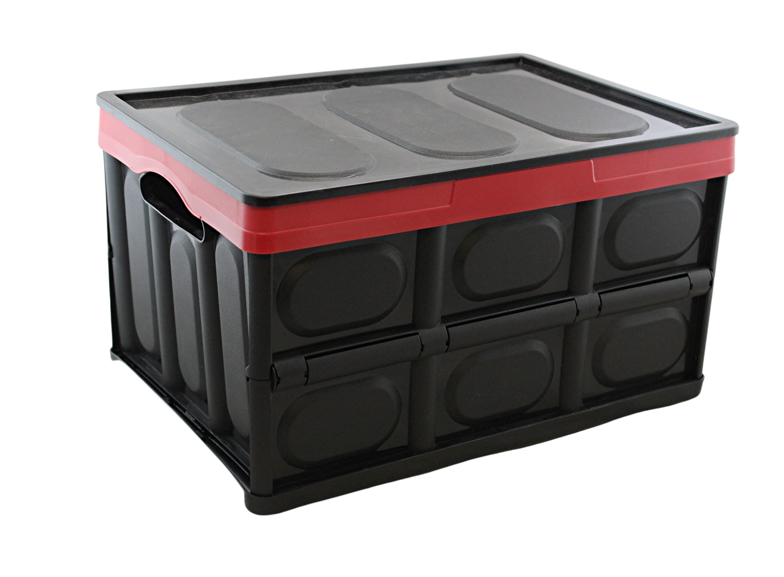 Dependable Industries inc. Essentials Collapsible Storage Box Foldable Utility Bin with Lid for Home Storage Office Auto Trunk Organization - Black with Red - 100's of Uses
