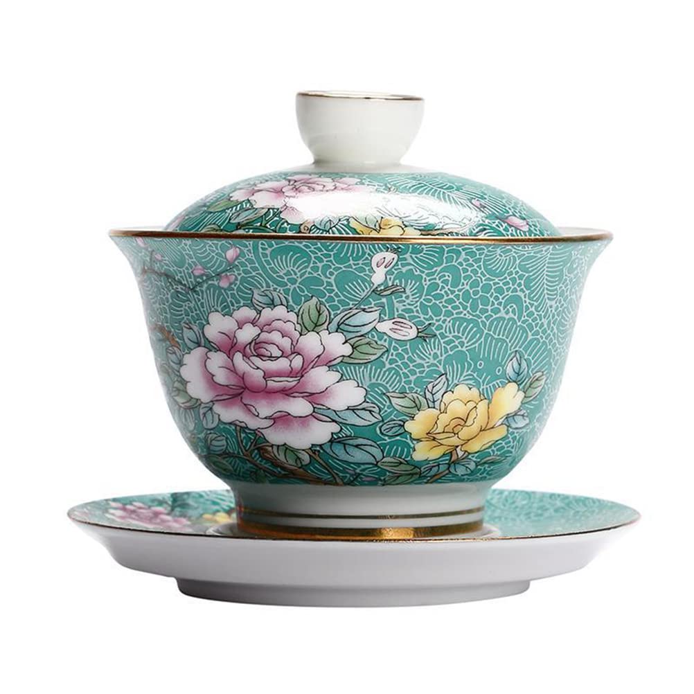 FOMIYES Chinese Porcelain Teacups Gaiwan Poney Flower Tureen Tradition Sancai Cover Bowl Lip Cup Saucer Tea Set Loose Tea Blooming