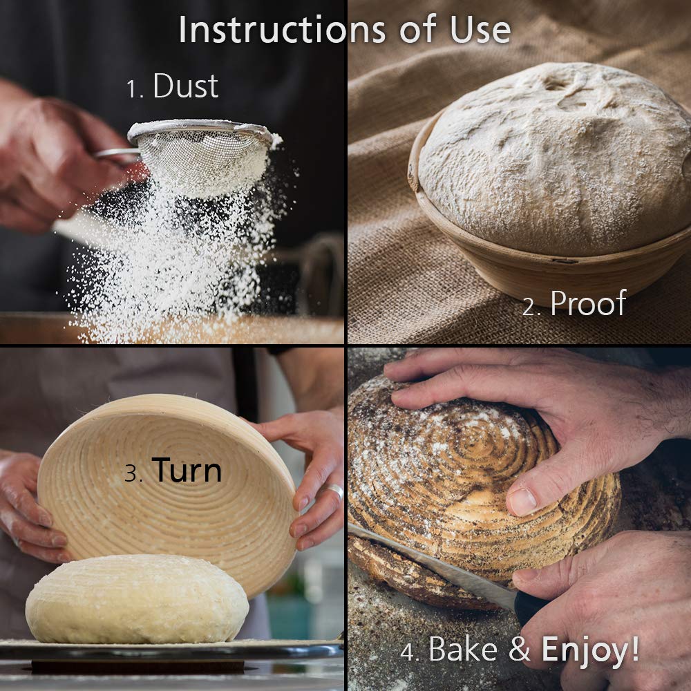 HOMEADOW Banneton Bread Proofing Basket - Perfect Gift - 11 Pcs Kit: 10' Oval + 9' Round Brotform, Liner, Bread Lame, Bench Scraper, Dough Scraper, Stencils, Baking Mat, Bread Bag, Brush | Sourdough