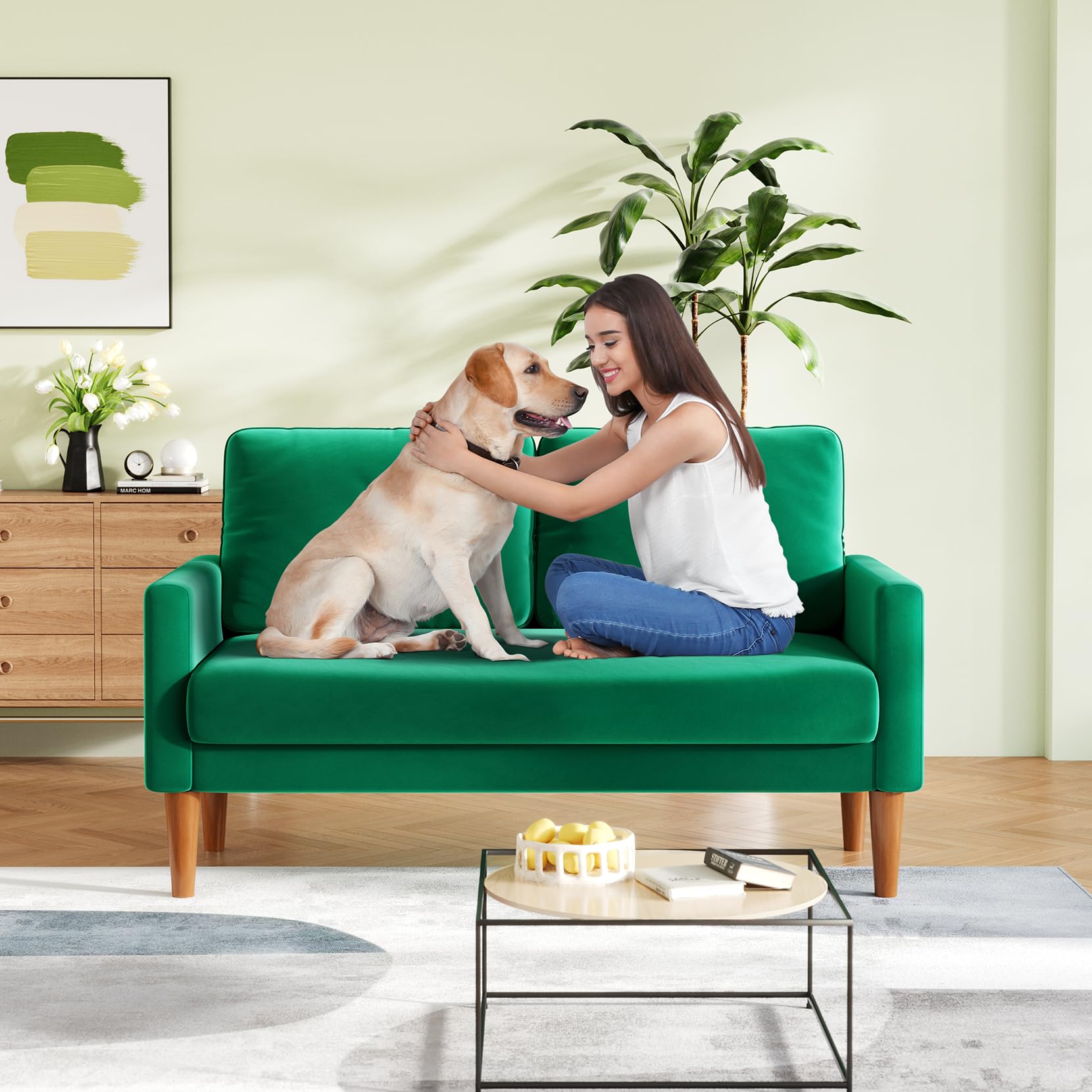 Loveseat Small Sofa, 55" Couch Mid Century Modern Velvet Couch for Small Spaces, Bedroom and Living Room, Easy to Install, Grey