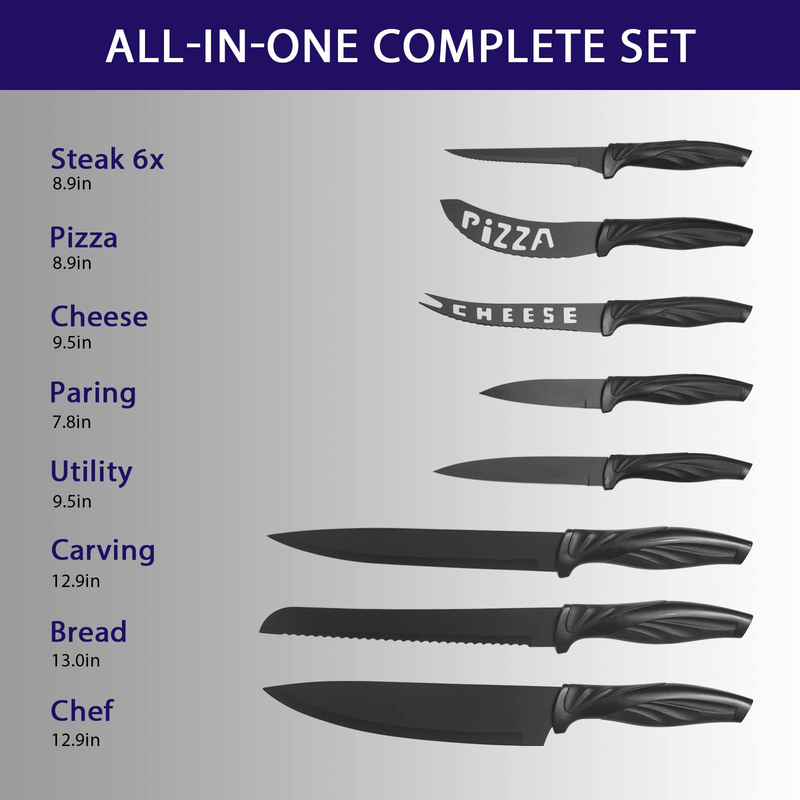 Kitchen Knife Set with Block, 20 PCS Stainless Steel Chef Knives Set with Sharpener for Women, Clear Knives Block Set for Kitchen Include 6 Steak Knives, 7 Nonstick Coating Knives, Peeler, Etc, Black
