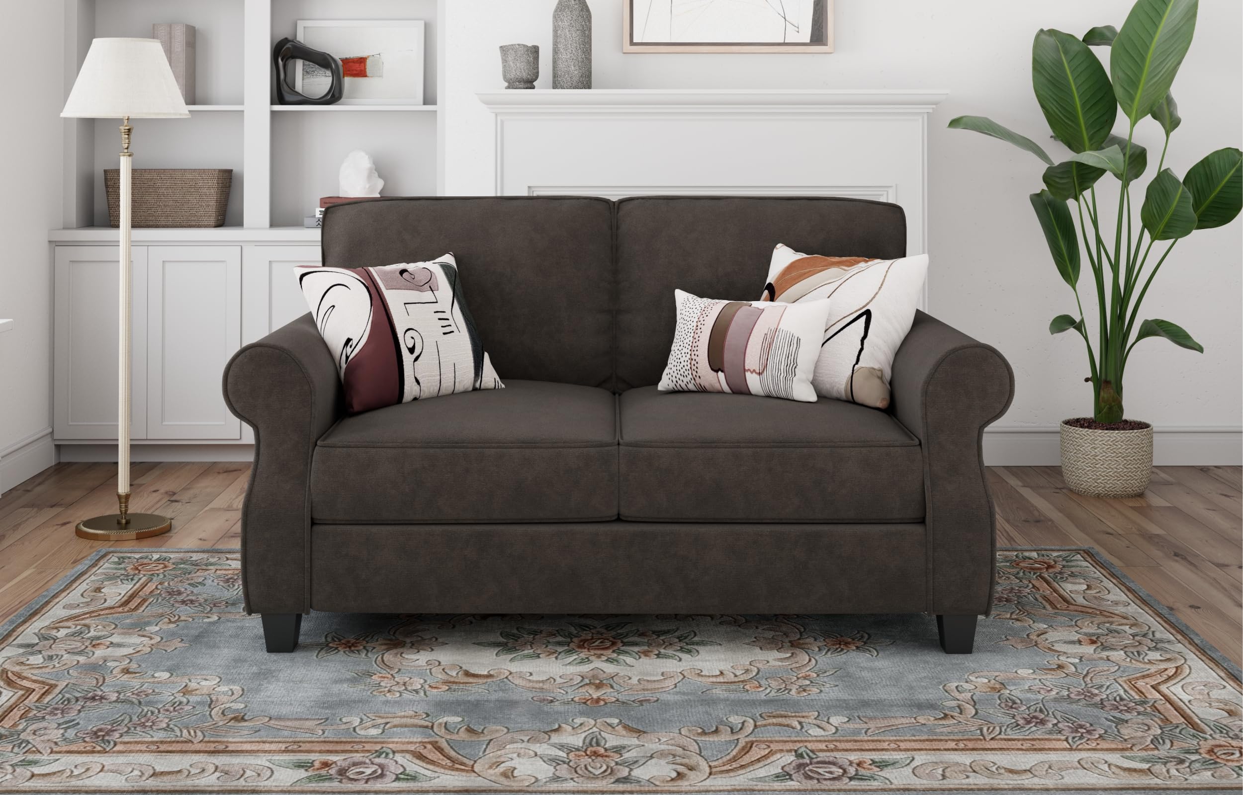 Loveseat Sofa - 56" Small Couch Mid Century Modern Flannel Love Sofas Small Space Saving Upholstered 2 Seater Love Seat Couches for Living Room Bedroom Home Office Apartment and Small Space,Brown