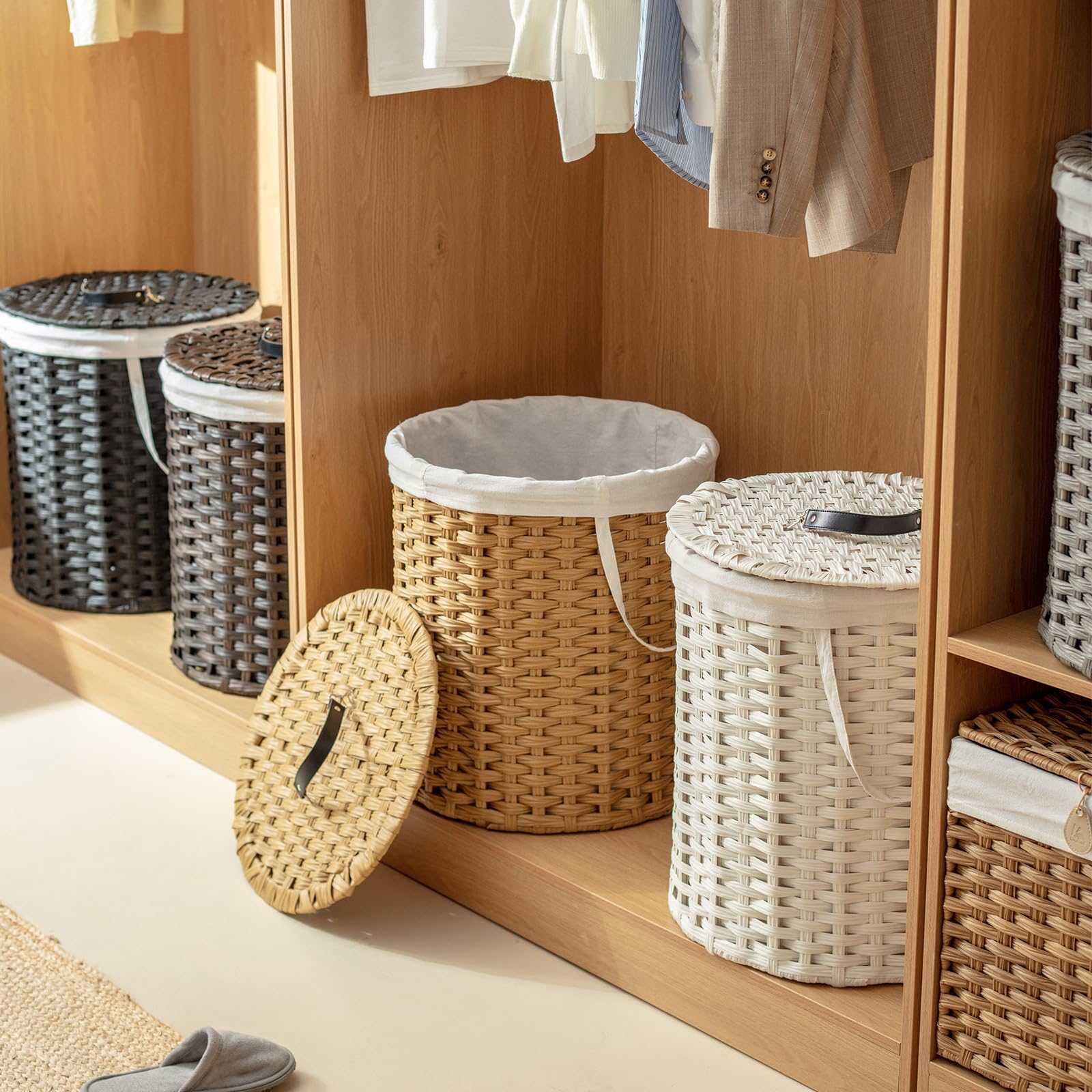 KUREEISE Laundry Basket with Lid, Handwoven Rattan Laundry Hamper, No Install Needed, 26.5 Gal (100L) Round Clothes Hamper with Removable Bag & Handles, Foldable Storage Basket