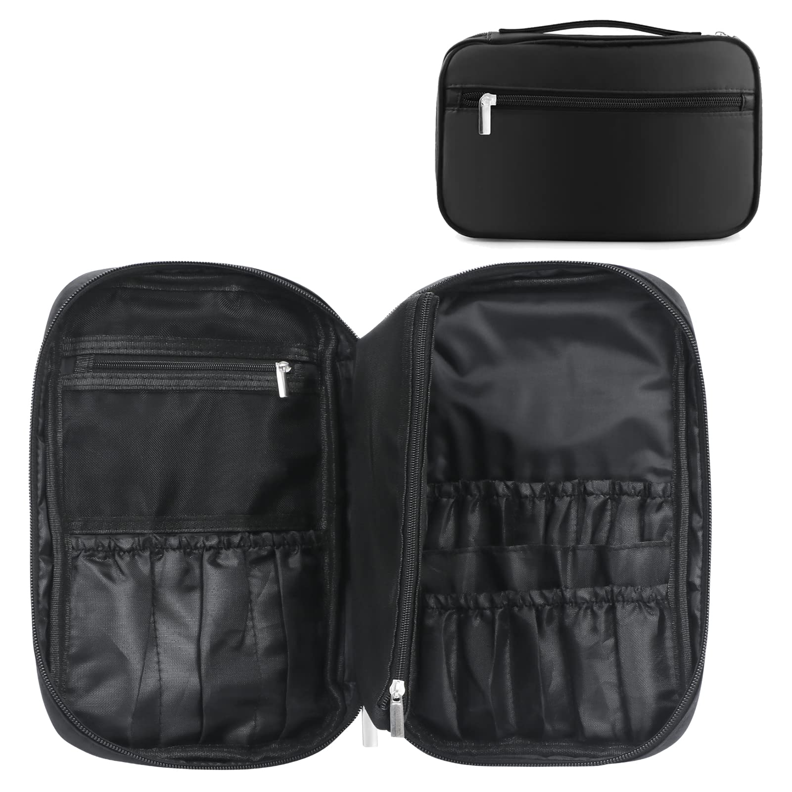 GoodSing Makeup Brush Bag, Portable Makeup Bag with Brush Organizer Large Capacity Travel Brush Storage Organizer Pouch with Small Mesh Cosmetic Bag, Black