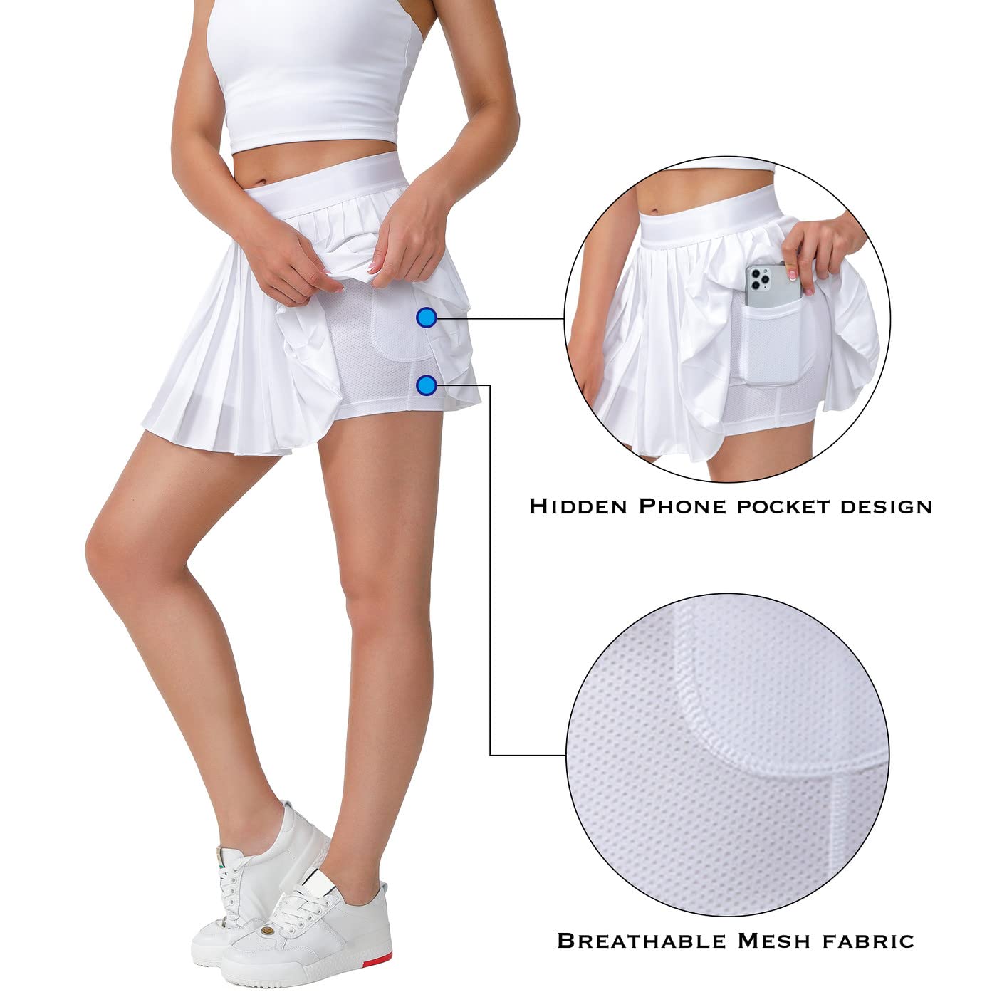 Eleloveph Women's Pleated Tennis Skirt-Flowy Athletic Design,Suitable for Golf, Skater, Running Sports White