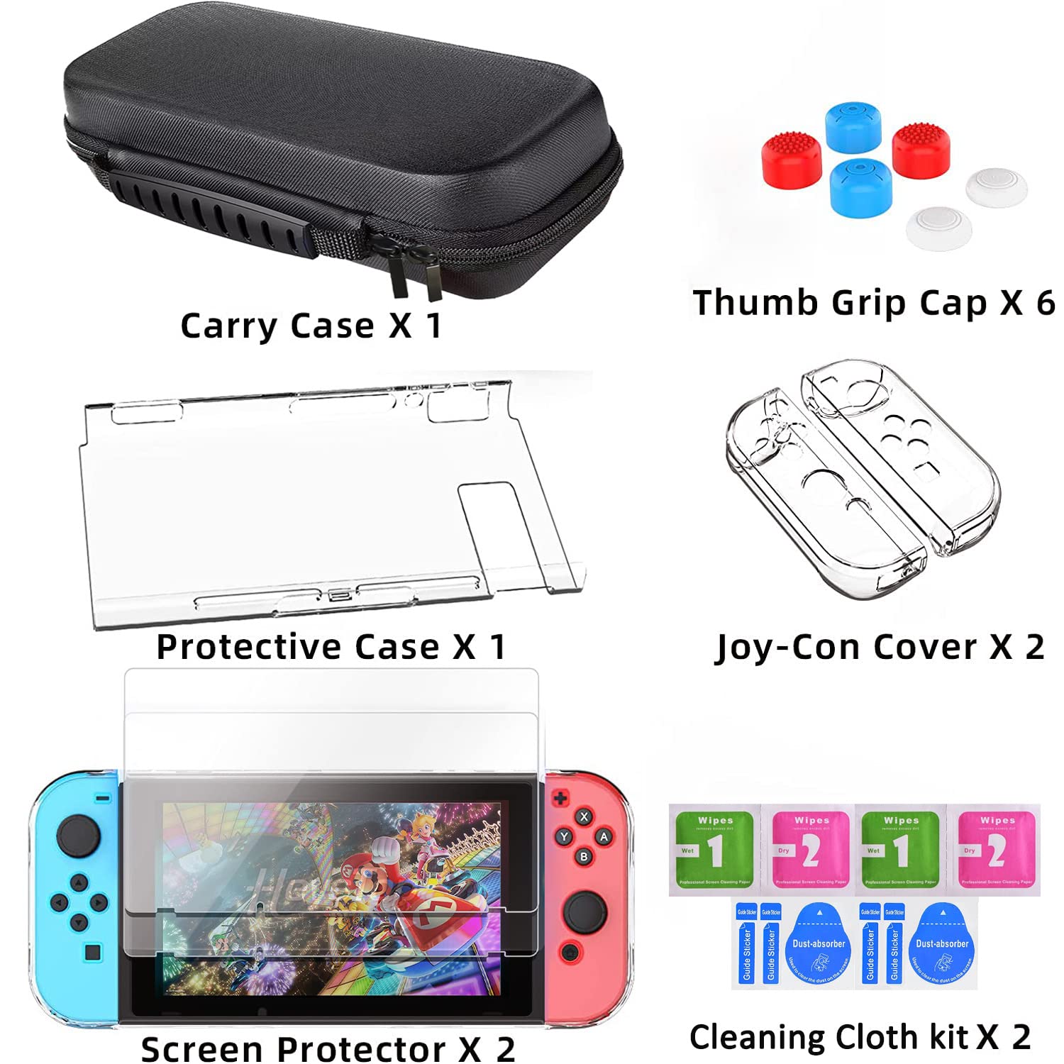 Freelight Switch Carrying Case Compatible with Nintendo Switch, 12 in 1 Accessories kit with Travel Protective Case, HD Screen Protector and 6pcs Thumb Grips Caps