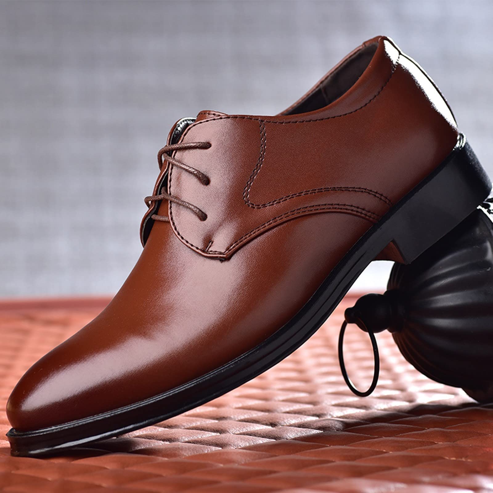 FASDNENDYS Fashion Style Men's Breathable Comfortable Business Lace Up Work Leisure Solid Color Leather Shoes Low Profile Shoes Men Brown
