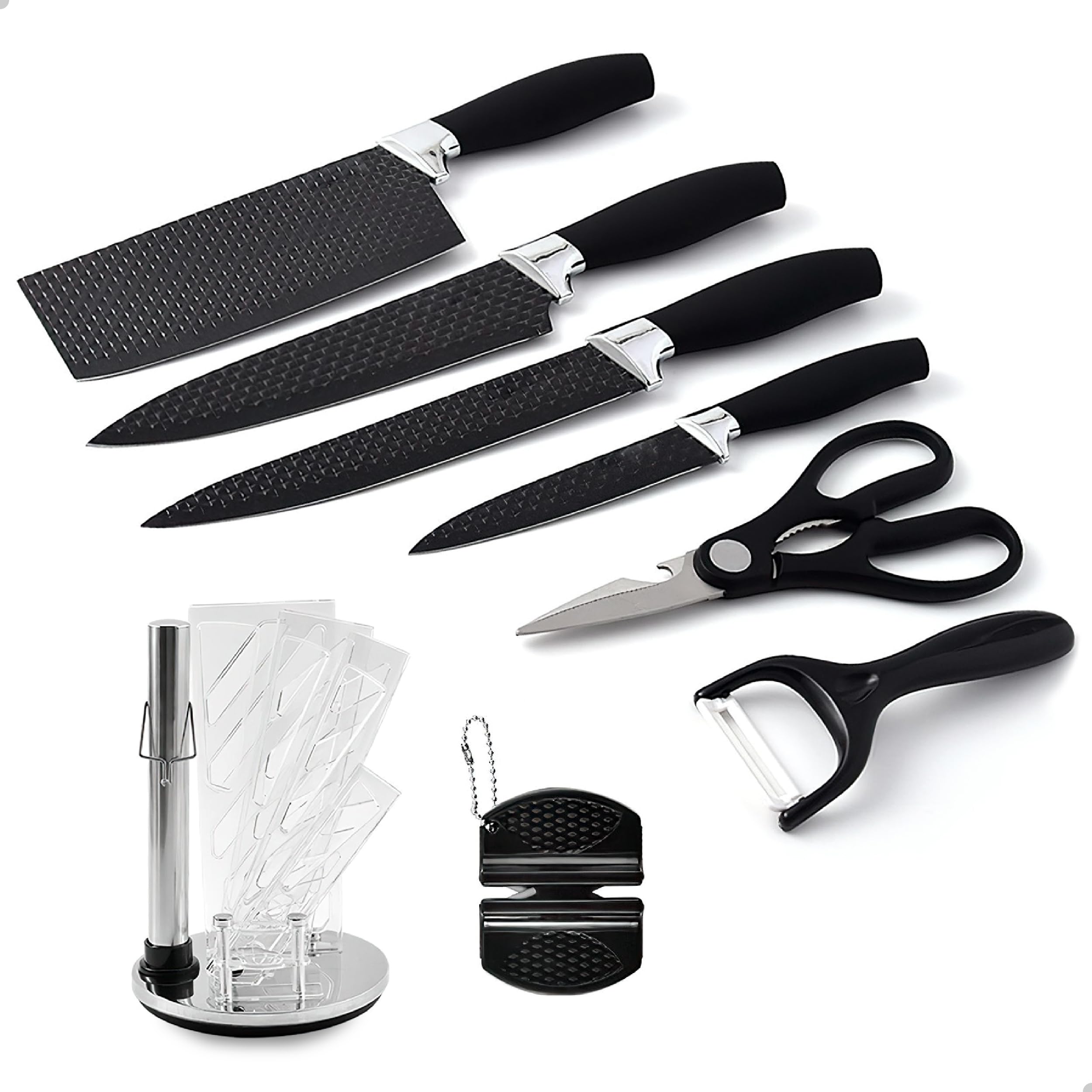 Kitchen Knife Set, Nuevo Knife Set Diamond Pattern Steel Chef Knife Set with Handle, Ultra Sharp Piece Kitchen Knives Set - Kitchen Knife Set Chef Knife Block Stainless Steel Cutting Sets
