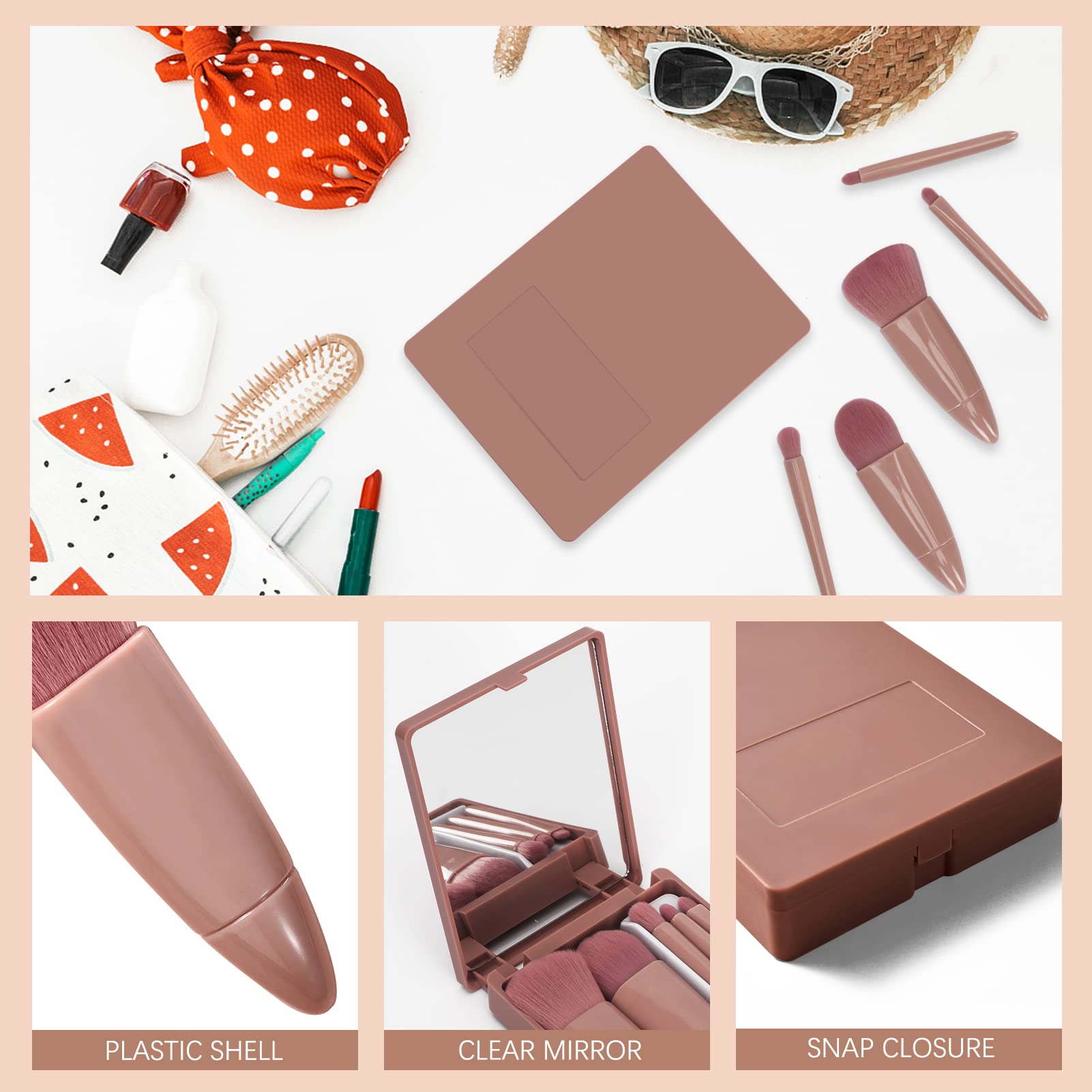 GoodSing Travel Makeup Brush Set, 5PCS Makeup Brushes and A Portable Cosmetic Brush Case With Mirror, Face Eyeshadow Brush For Foundation Powder, Blush Pink