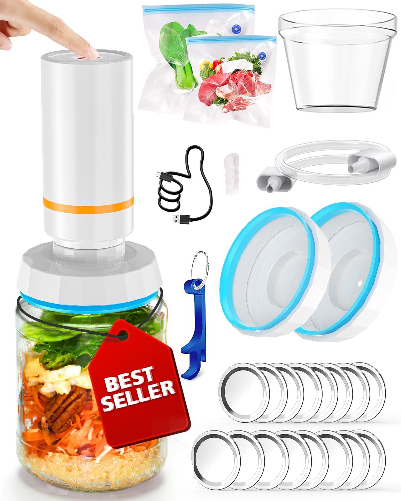Electric Mason Jar Vacuum Sealer Kit with 16 Jar Lids, Jar Vacuum Sealer for Mason Jars with Lid Opener and 2 Reusable Vacuum Sealer Zipper Bags for Wide and Regular Mouth