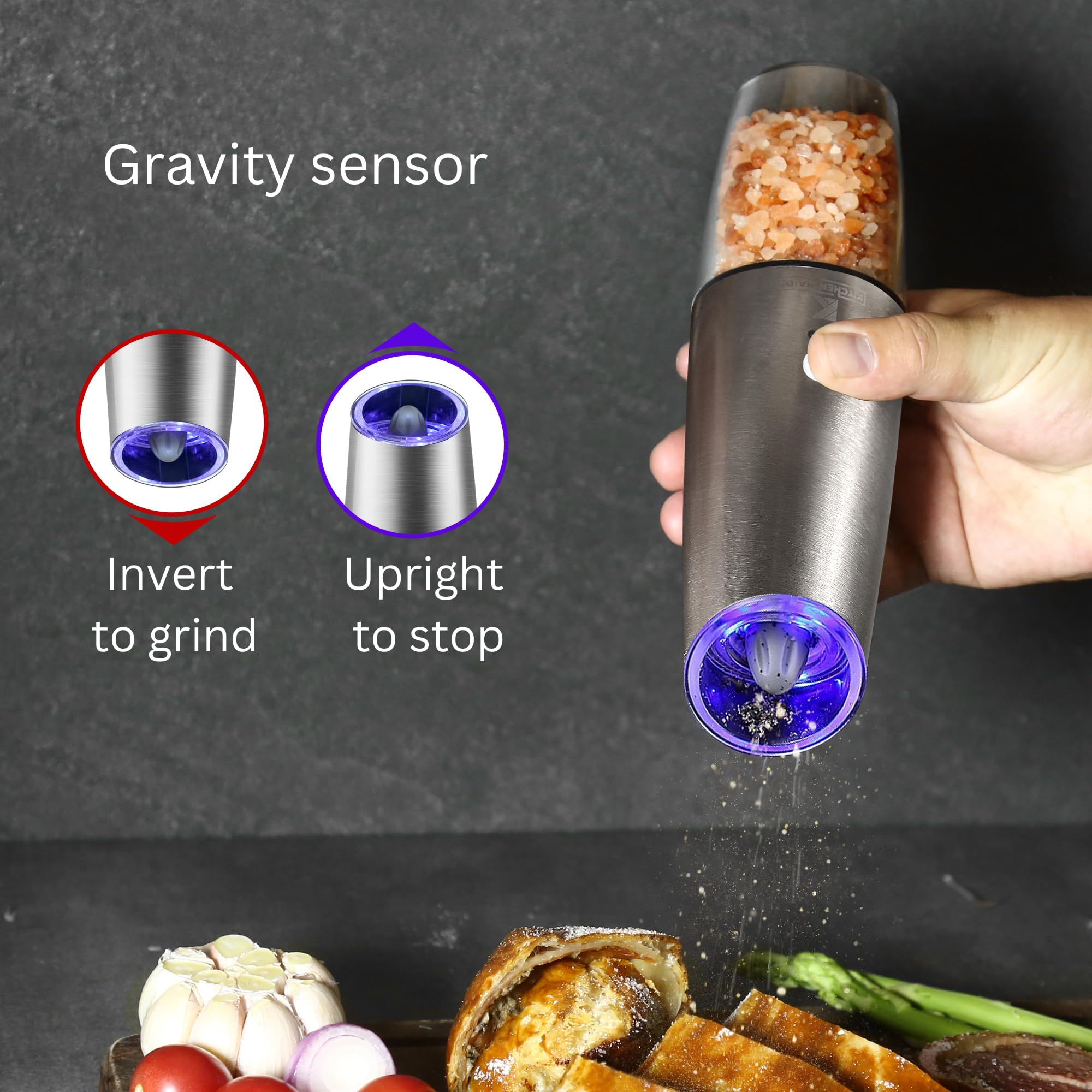 Kitchen Maid Gravity Electric Salt and Pepper Grinder Set Rechargeable, Adjustable Automatic Electric Salt and Pepper Shakers, Stainless Electric Salt Pepper Grinder Mill Rechargeable USB-C
