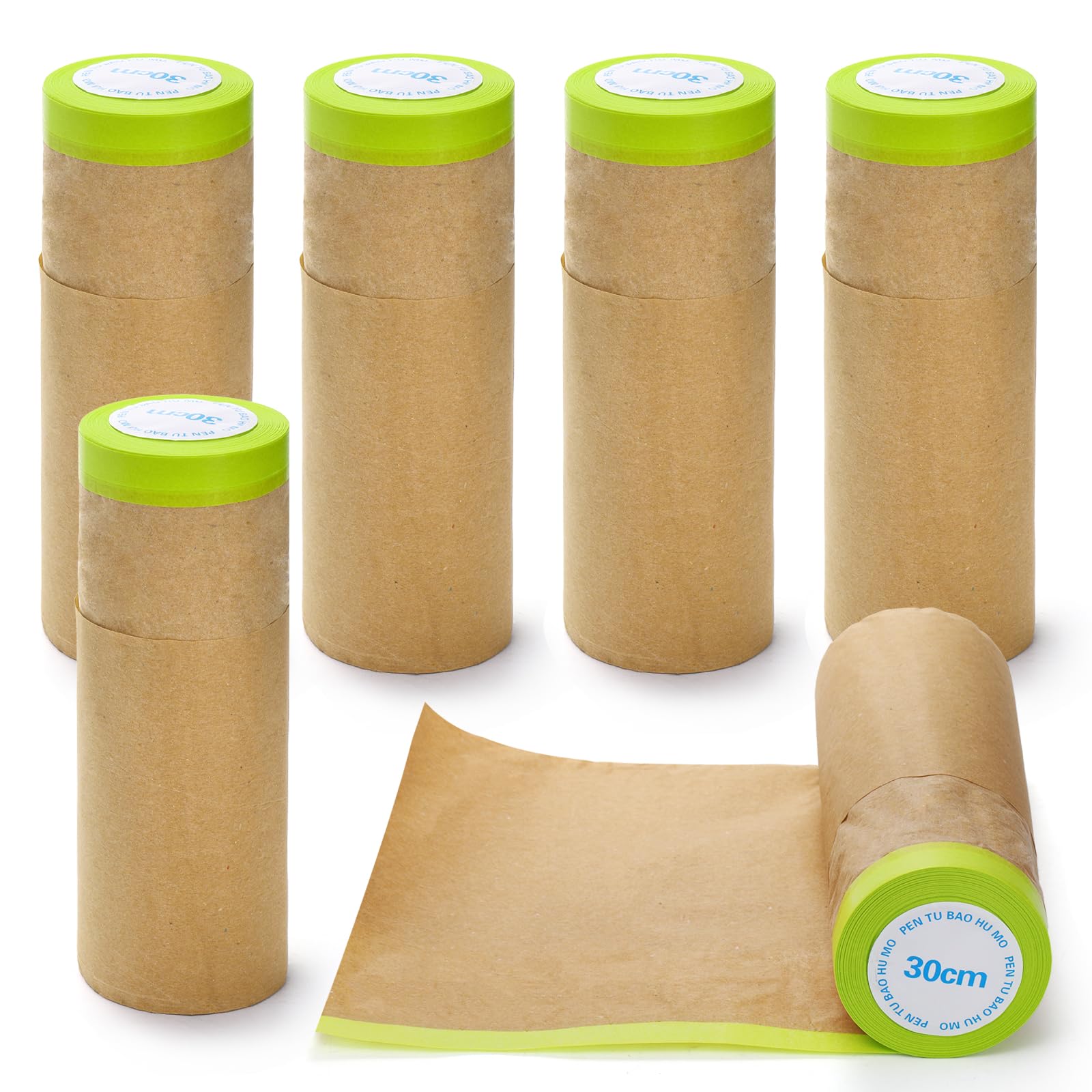 Jucoan 6 Rolls Masking Paper, Pre-Taped Masking Paper for Painting, 12 Inch x 30 Feet Tape and Drape Automotive Paint Masking Paper for Car Wall Frame Floor Furniture Protection