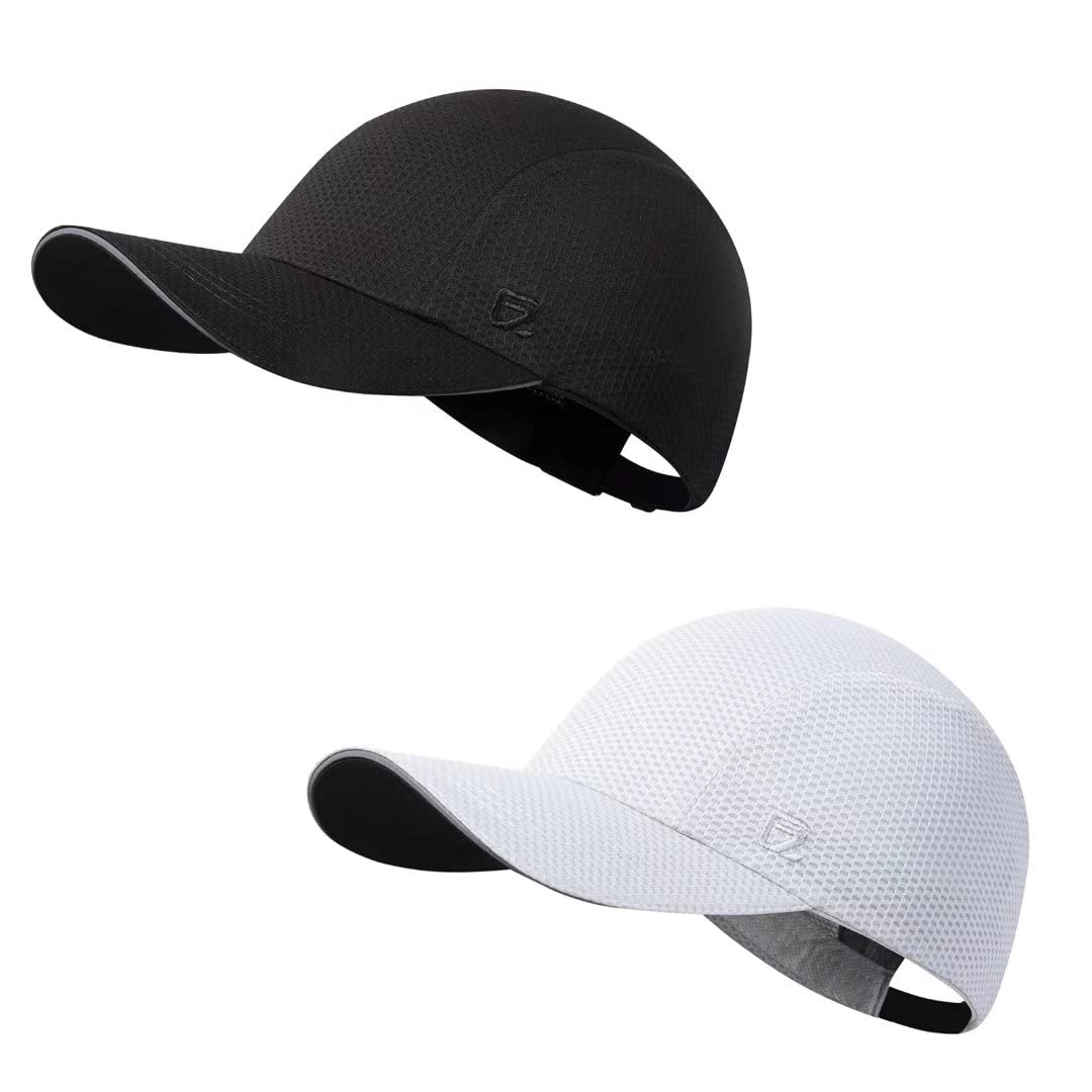 GADIEMKENSD Women's Race Day Running Hat Performance Mesh Baseball Cap - Excellent Ventilation, Lightweight, Reflective Safety Ponytail Hats for Exercise Golf Hiking Workout Gym Black White 2Pack