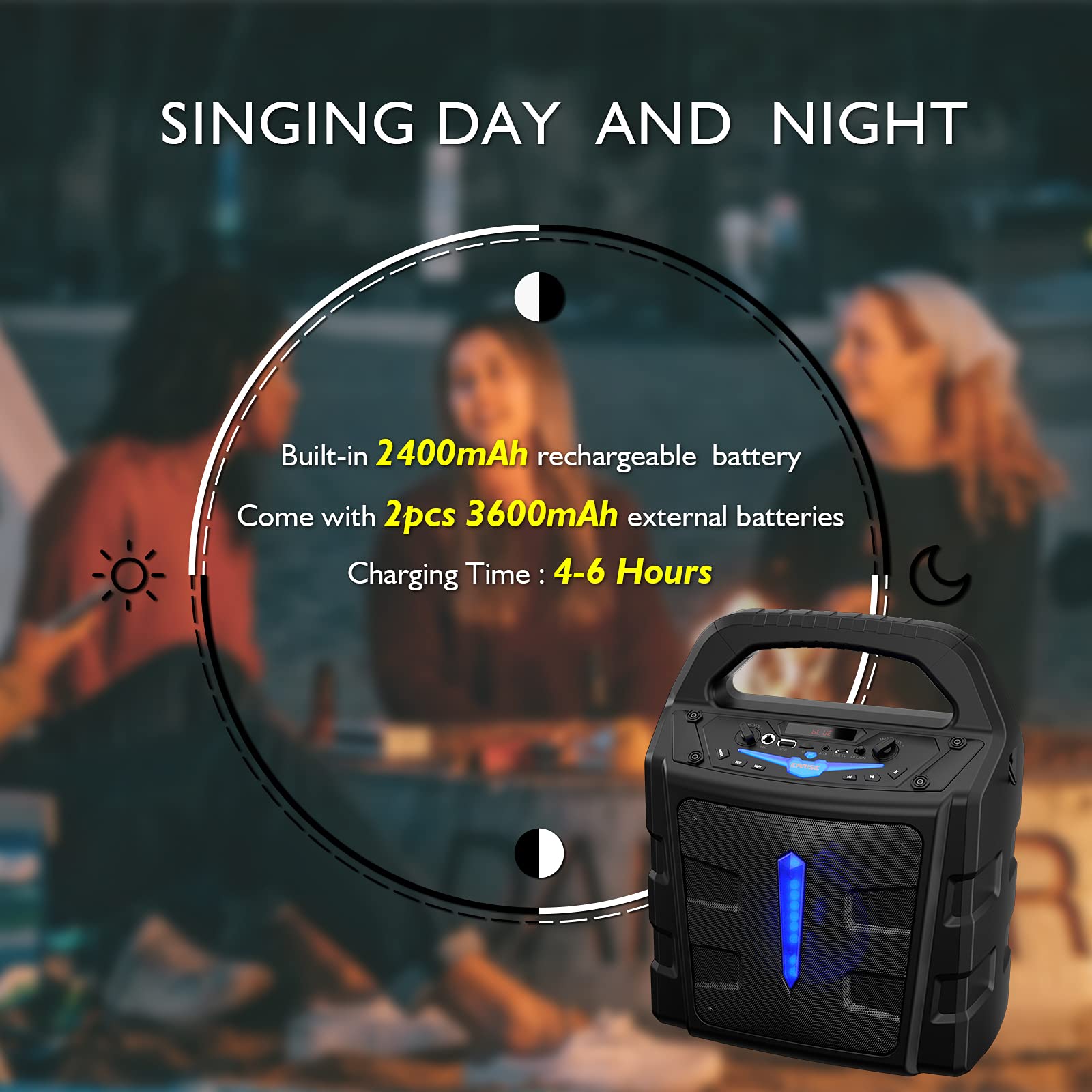 EARISE Vigorowl T65 Portable PA System with 2 Rechargeable Batteries, 30W Powerful Nonstop Playing Speaker, Bluetooth Karaoke Machine with 2 Microphones, for Outdoors and Indoors