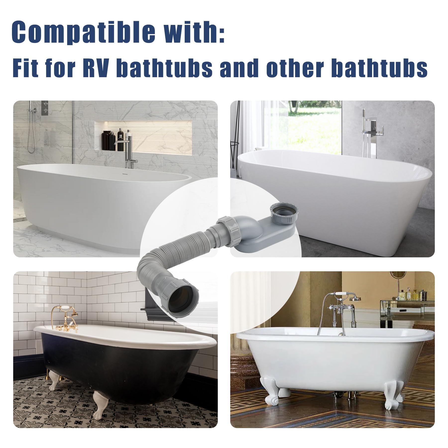 Low Profile 1 1/2 P Trap, Flexible Bathtub Shower Drain Pipe, Suitable for Freestanding Bathtub RV Bathtub(white)