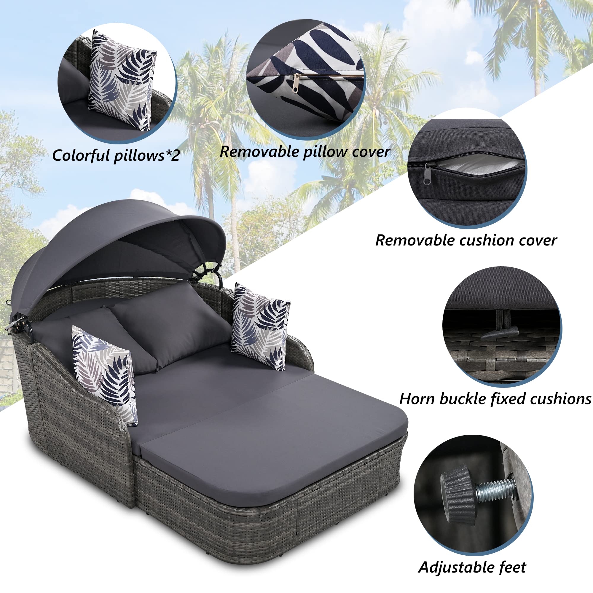 Outdoor Sunbed with Retractable Canopy, Rattan Wicker Patio Daybed with Washable Cushions and Pillows, Chaise Chair Sunbed for Garden Poolside Backyard, Gray Wicker