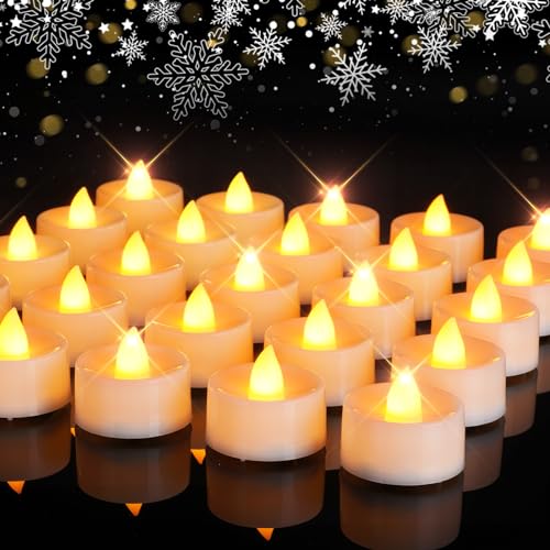 Homemory Value 24Pack Flameless LED Candles Tea Lights Battery Operated, 200+Hours Electric Fake Plasitc Candles Tealights for Votive, Halloween, Pumkin, Ofrenda, Diya, Table Decor, Funeral, Amber