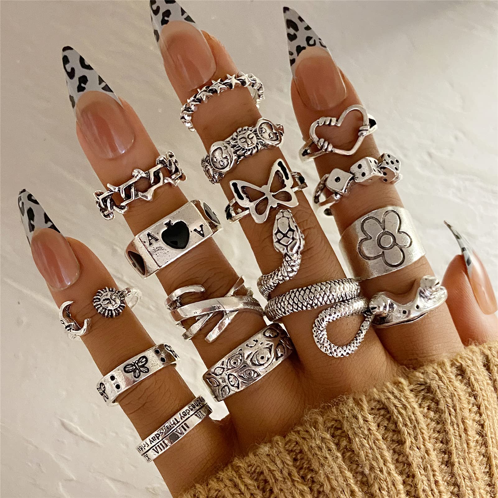 FAXHION Vintage Silver Open Punk Rings for Men Women, 24PCS Adjustable Rings, Chunky Silver Rings, Bulky Rings,Cool Gothic Ring,Statement Stacking Ring, Skull Snake Star Flower Heart Y2K Ring