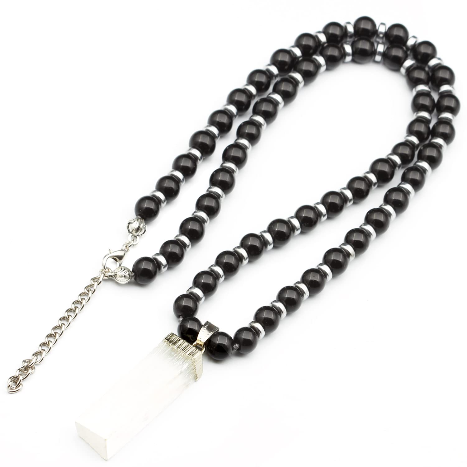 ElisaJewelryArt - Natural Raw Selenite Pendant Natural Black Onyx Beaded Necklace Genuine Gemstone Angel Stone Clasp Closure Hematite Necklace Unisex Necklace (22, Raw Selenite)