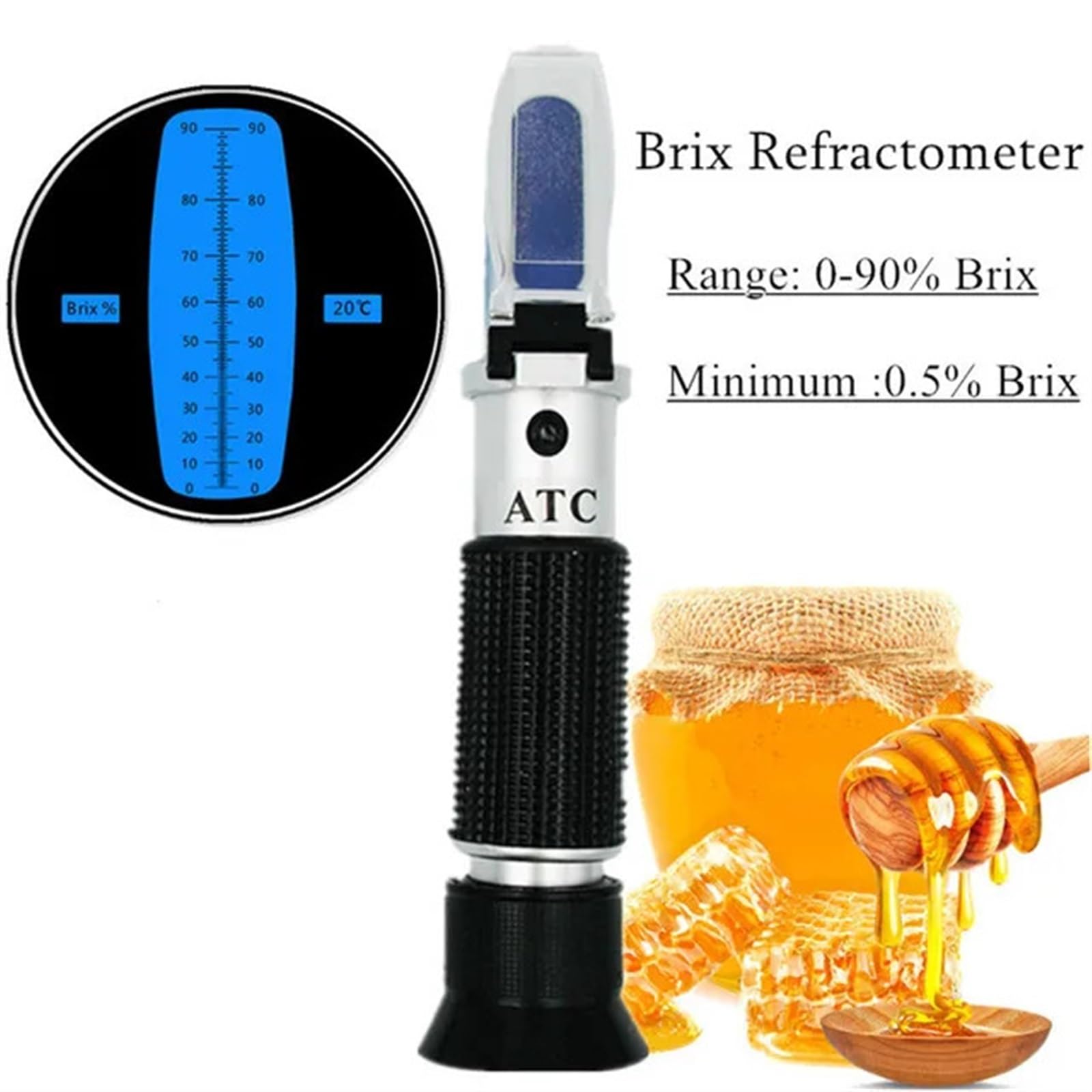 KYKYK Refractometer, Handheld ATC Brix Refractometer 0-90% Sugar Optical Instruments Auto Refractor Fruit Sauce Milk Meter Honey Concentration Tester for Fruit, Homebrewing, Juice, Vegetables