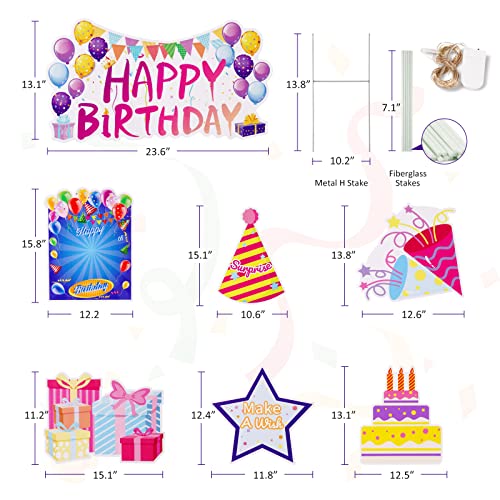HOMENOTE 7Pcs Happy Birthday Yard Signs With Stakes, 5m LED Light and Personalized Sign, 23.6’’Foldable Large Happy Birthday Sign, Full Set Supplies for Yard Lawn Outdoor Birthday Decoration Party