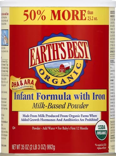 Earth's Best Organic Baby Formula for Babies 0-12 Months, Powdered Dairy Infant Formula with Iron, Omega-3 DHA, and Omega-6 ARA, 32 oz Formula Container