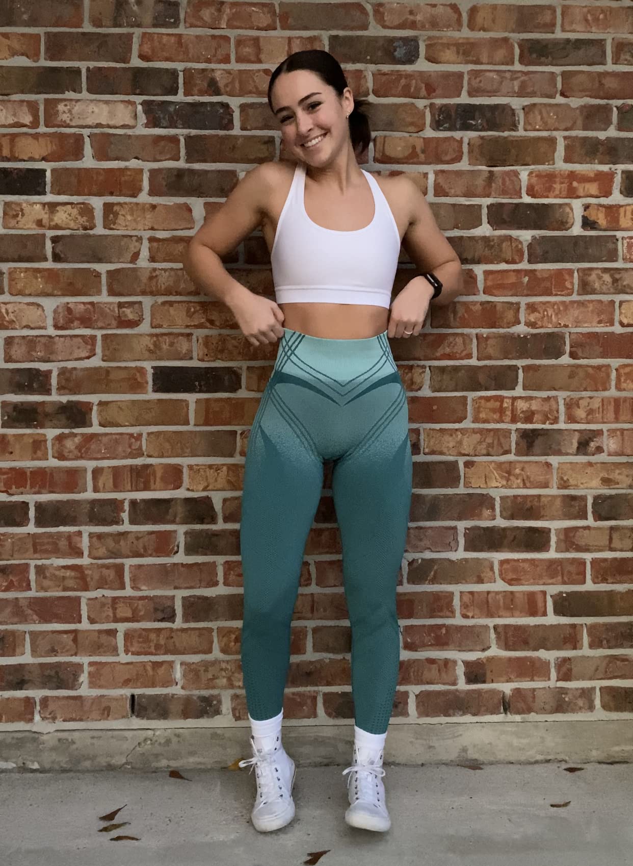 FRESOUGHT Workout Tummy Control Gym Leggings for Women, Seamless High Waist Athletic Butt Lifting Yoga Pants-Cyan-S