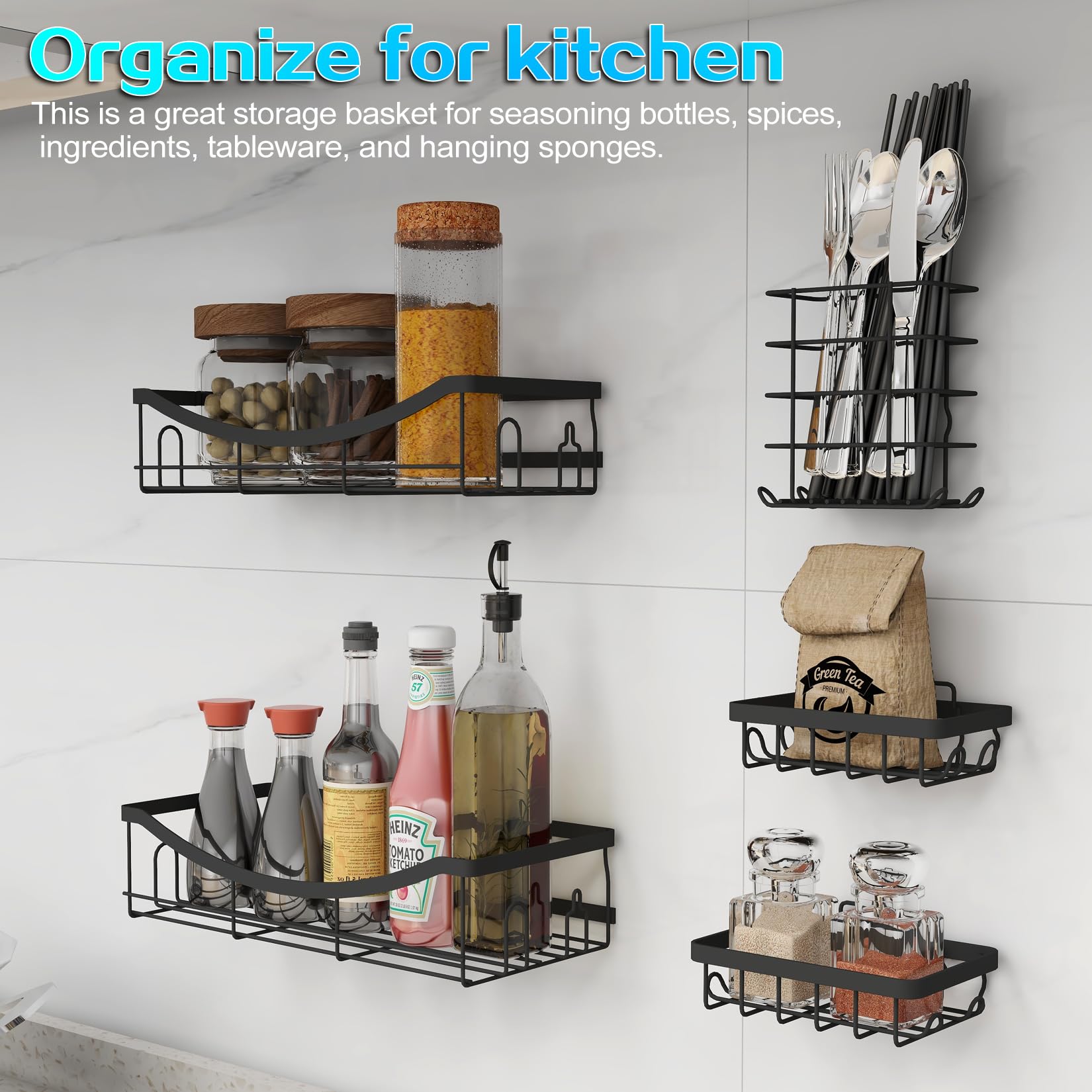 Kingmall Shower Caddy 5 Pack,Adhesive Shower Organizer for Bathroom Storage&Home Decor&Kitchen,No Drilling,Large Capacity Bathroom Organizer (Black 1)