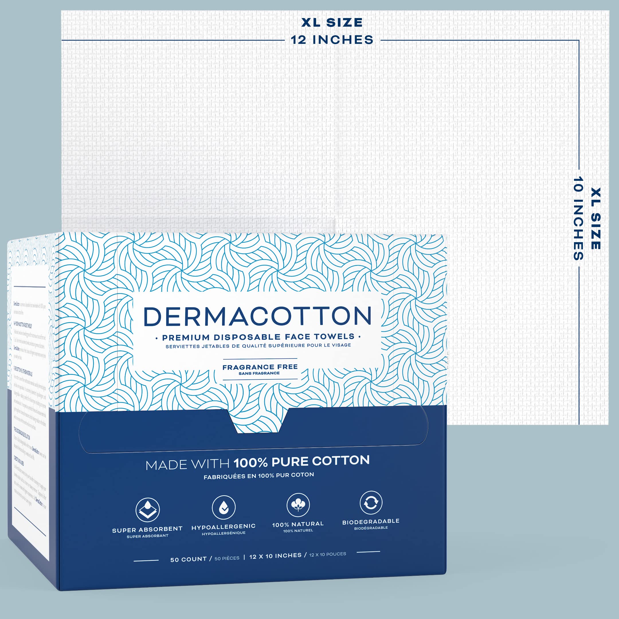 Dermacotton Disposable Cotton Face Towels β Super Soft Face Wipes, Hypoallergenic Makeup Remover Wipes, Suitable for All Skin Types Including Sensitive Skin β Biodegradable Facial Cloths (50 Pack)