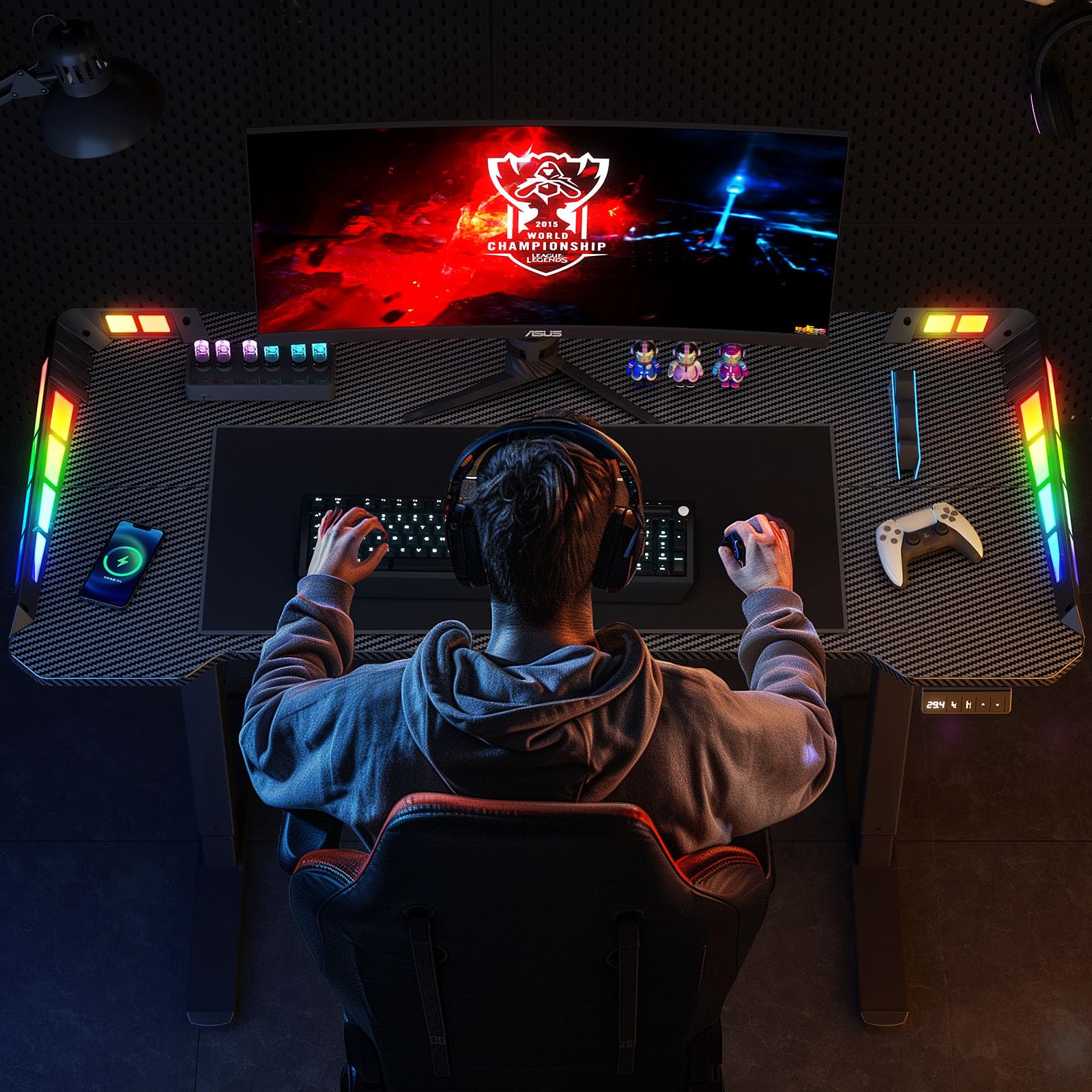 Gaming Desk with LED Lights & APP Control, 48" x 24" Gaming Table with Music Sensing, Underdesk Cable Storage Electric Standing Desk, Black Carbon Fiber PC Desk for Gaming and Home Office