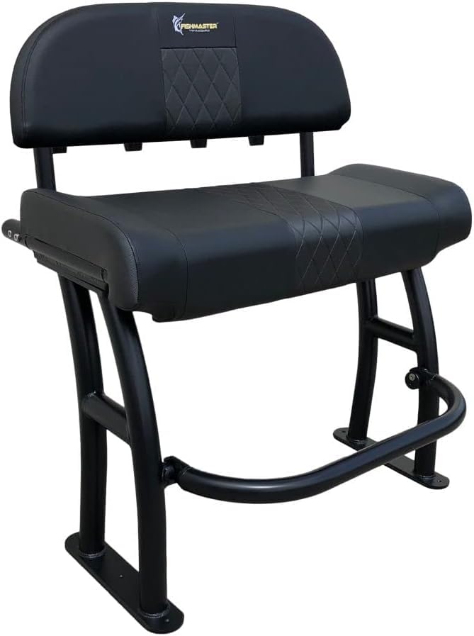Fishmaster Pro Series Leaning Post for Center Console Fishing Boats - Deluxe Backrest, Rod Holders, Flow-Through Foam, Storage Compartment, Foldable Footrest – Black Upholstery/Powder Coated Black