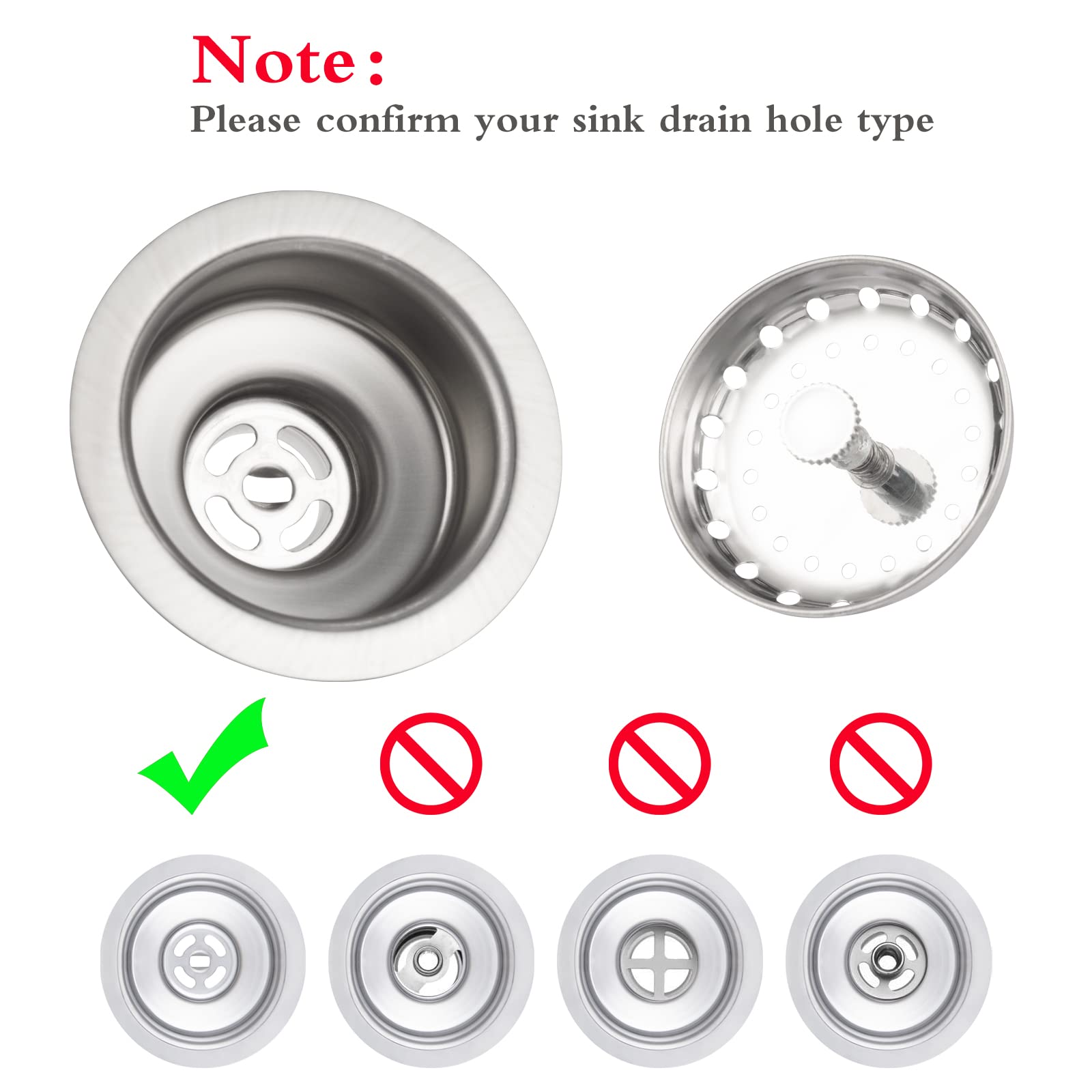 HOMER 2 Pcs Stainless Steel Kitchen Sink Basket Strainer Replacement for 3-1/2 Standard Drain, Kitchen Sink Strainer and Stopper, Basket Replacement with Metal Center Knob, Rubber Stopper Bottom