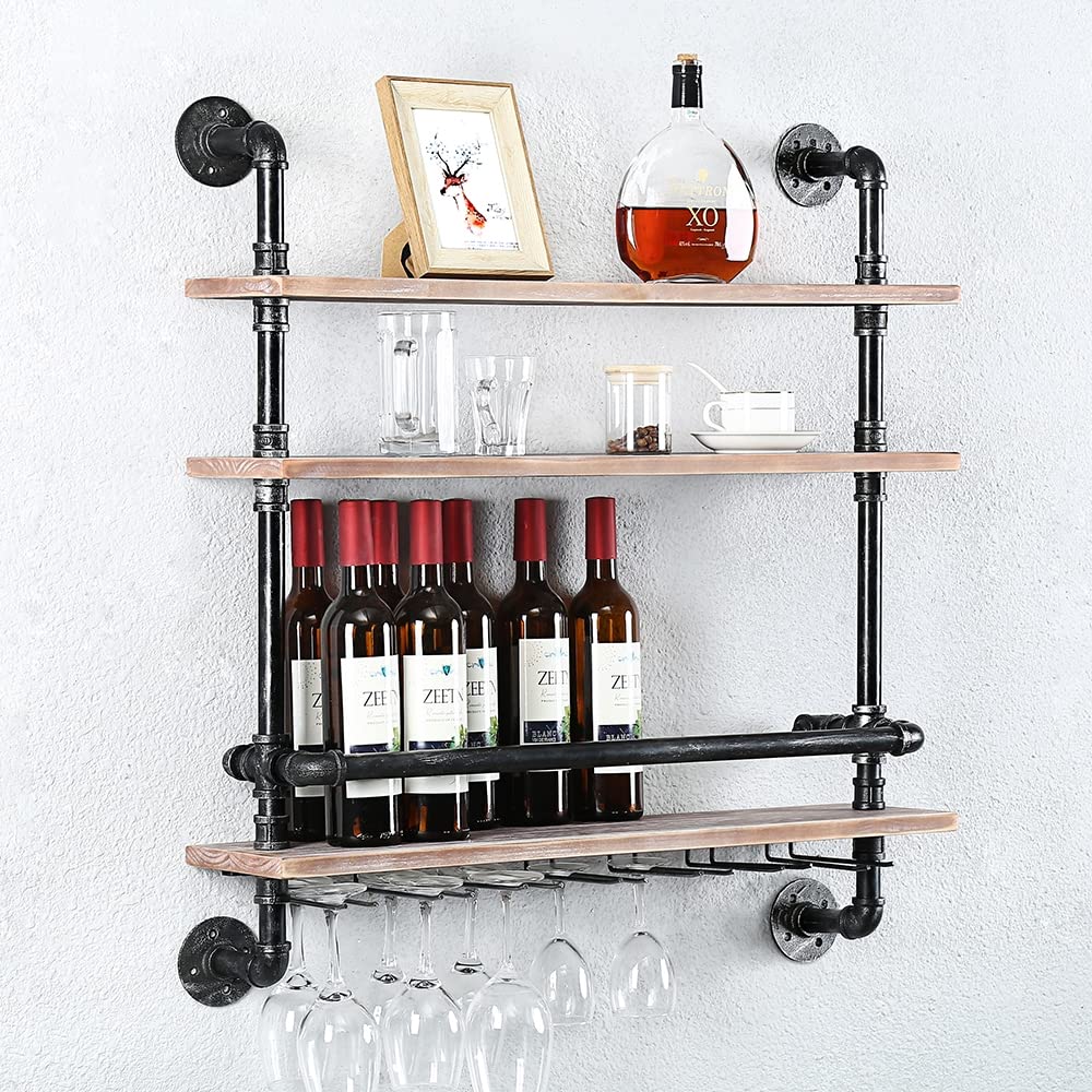 Industrial Hanging Wine Glass Rack Wall Mounted,30in Pipe Shelf Wine Rack with 7 Glass Holder,Rustic Wine Glass Holder Stemware Racks,Pipe Shelving Wood Shelves Floating Wine Glass Shelf