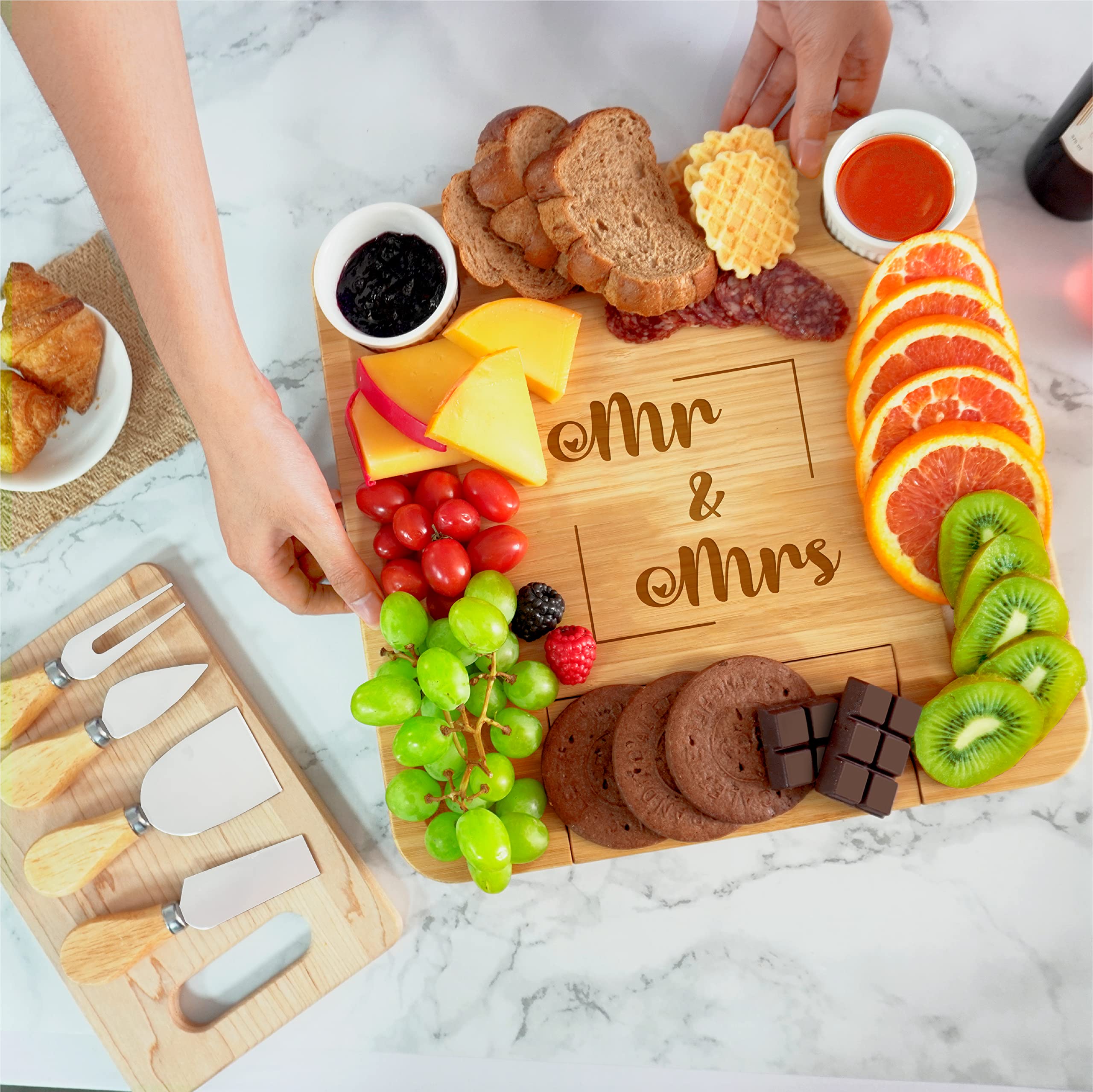 KITCHENVOY Mr. & Mrs. Bamboo Charcuterie Board Engaged Gift Set - Cheese Serving Tray Charcuterie Boards Platter Engagement Gifts for Newlywed Couples - Cheese Board Christmas Just Married Present