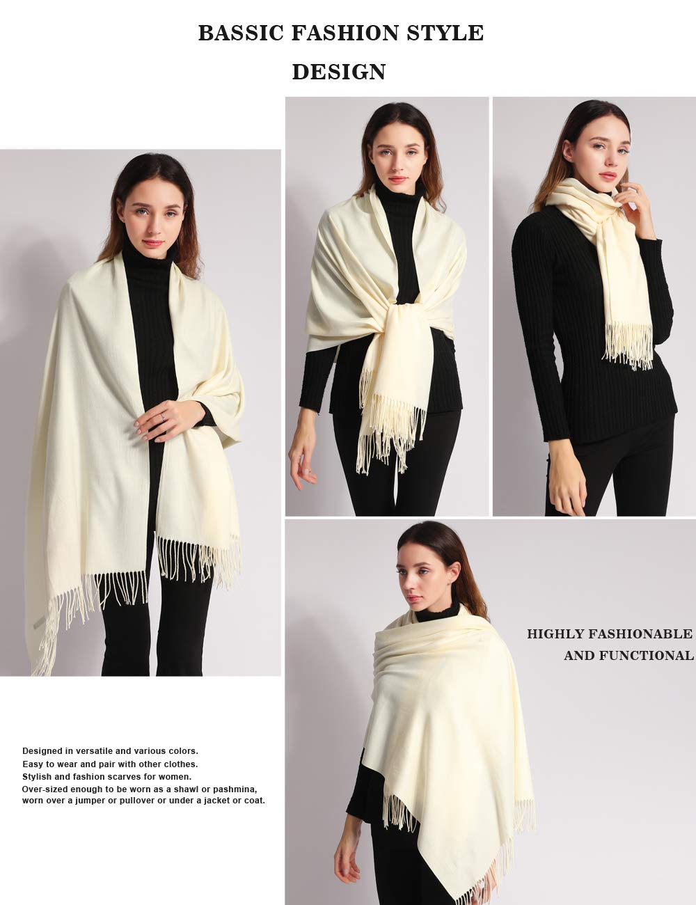 EASE LEAP Pashmina Scarfs for Women Silky Shawls and Wraps for Evening Dresses Soft Large Scarves Wedding Warm Stylish Solid Color, Ivory
