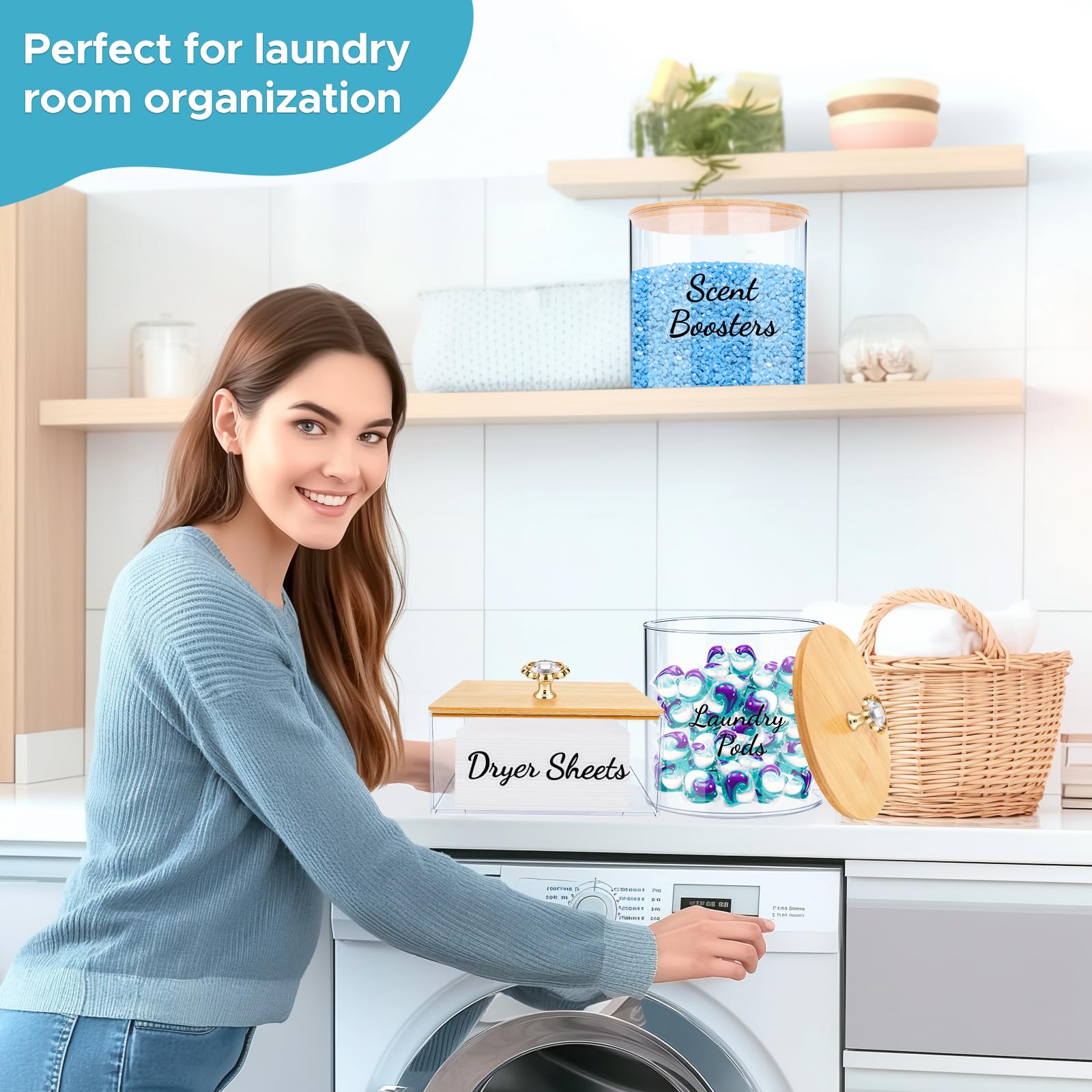 JYPS 3 Pack Containers for Laundry Room Organization and Storage with Lids and Labels, Acrylic Dryer Sheet Holder & Plastic Laundry Pods Container for Laundry Detergent, Powder, Scent Booster